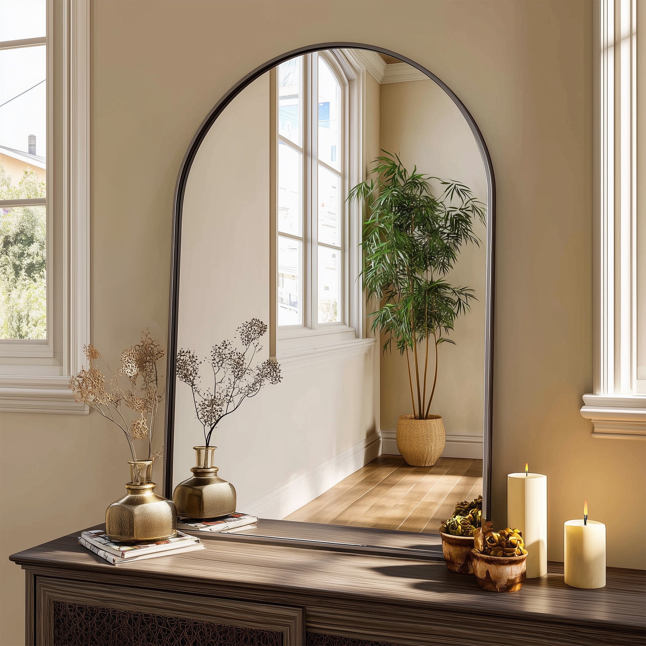 edx 26"X38" Arched Bathroom Mirror, Wall Mounted, Black Aluminum Alloy ...