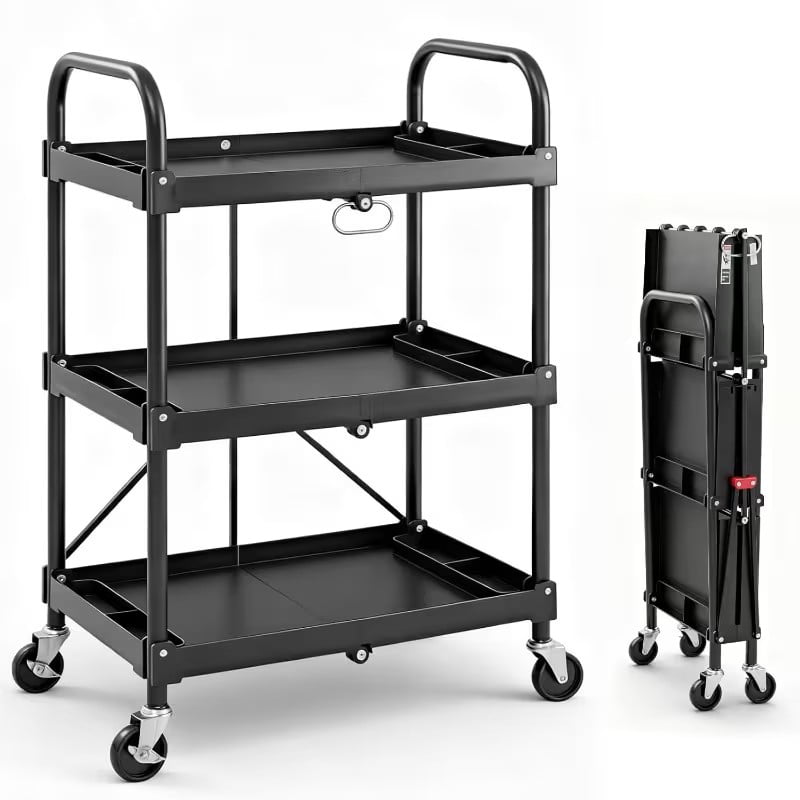 EDX 3-Tier Portable Utility Cart with Wheels, Heavy Duty Collapsible ...