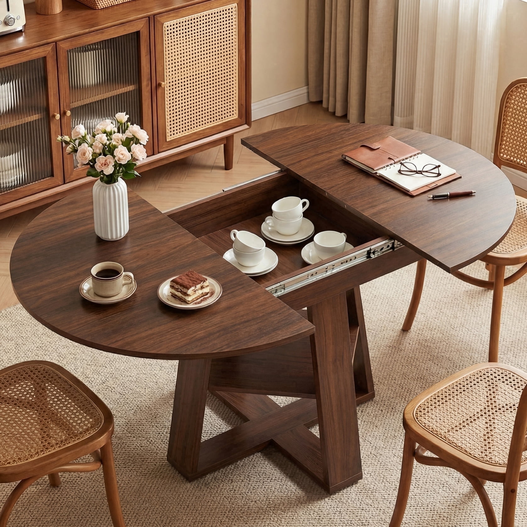 EDX 43.3″–59″ Extendable Round Dining Table for 4-8, Modern Oval Dining ...