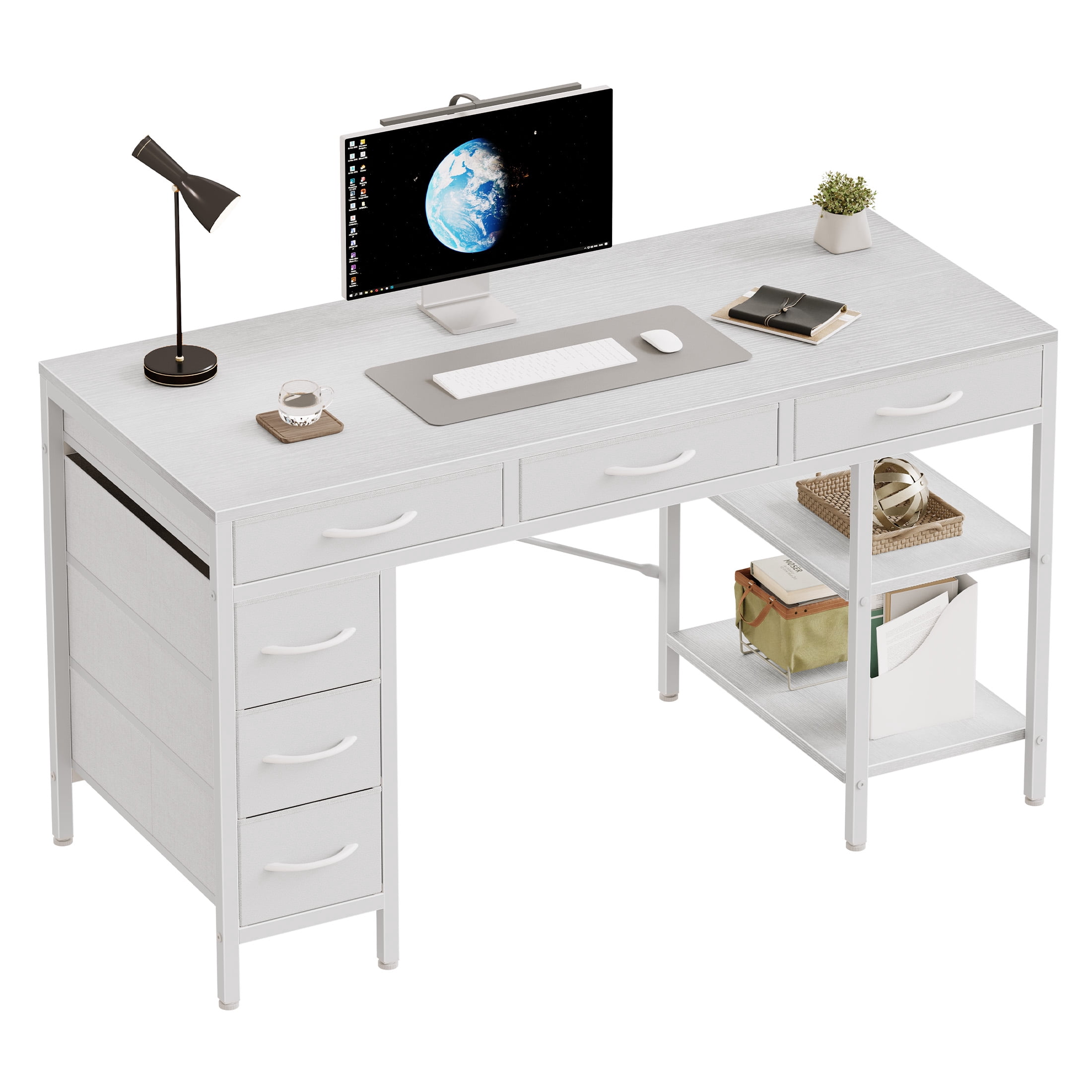 EDX 55 Inch Computer Desk with Fabric Drawers & Storage Shelves,Small ...