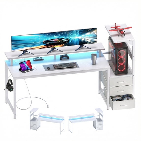 edx 59" Gaming Desk, USB Ports & LED Lights, Reversible Table with ...