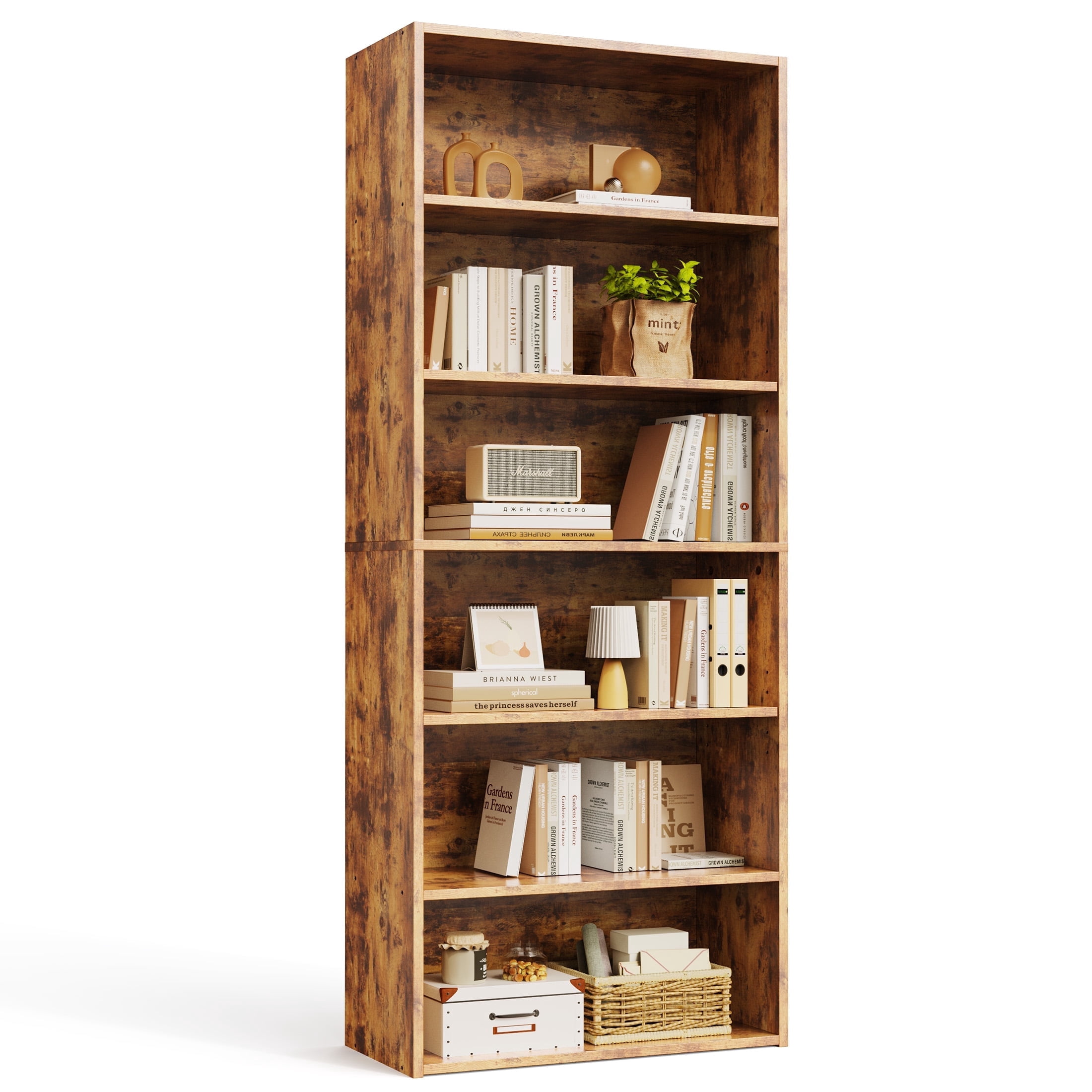 edx, 6 Tier Bookcase Storage, Tall Floor Standing Bookshelf, Rust, Home ...