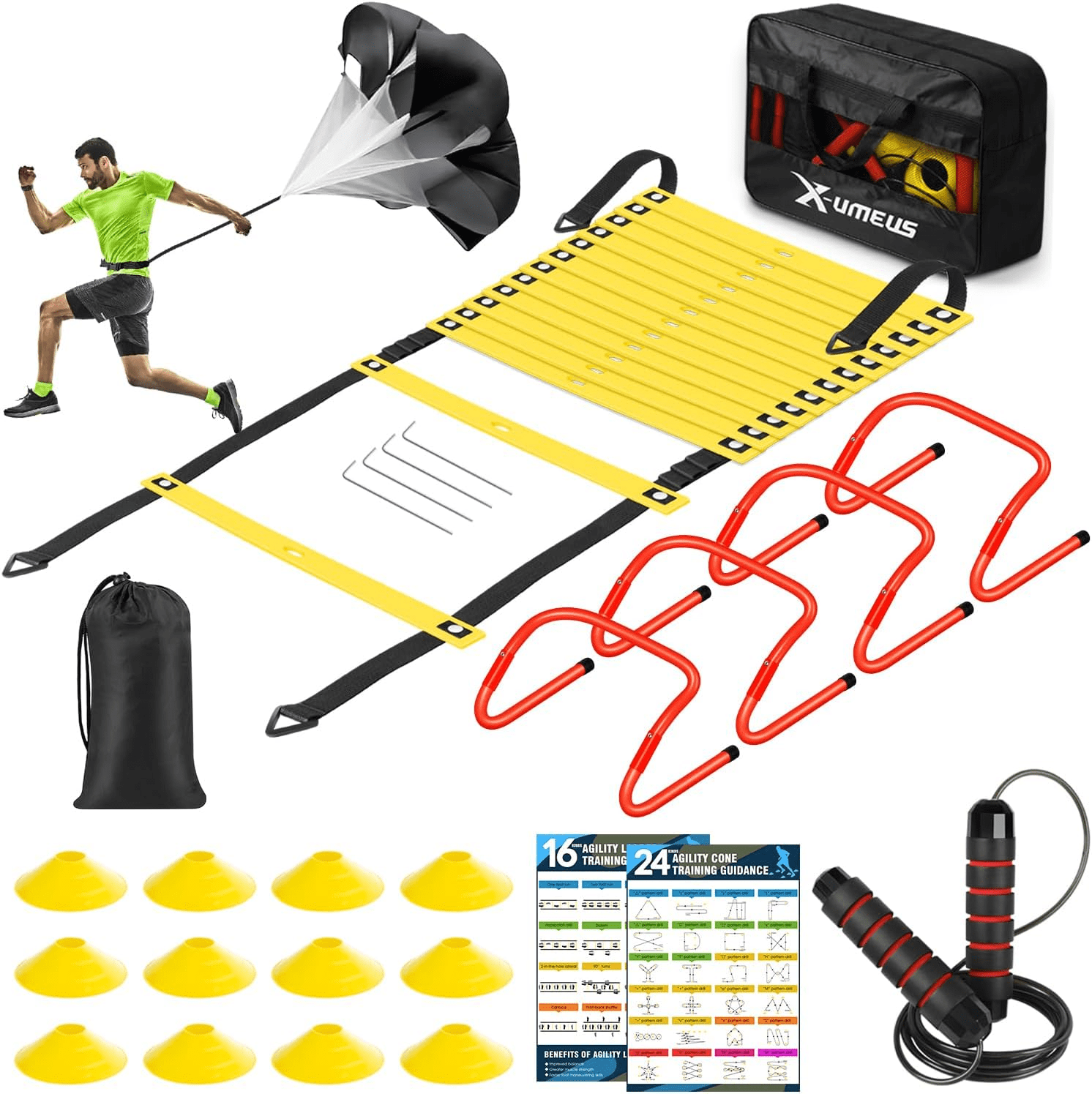 EDX Agility Ladder Training Set with Speed Parachute, Jump Hurdles ...