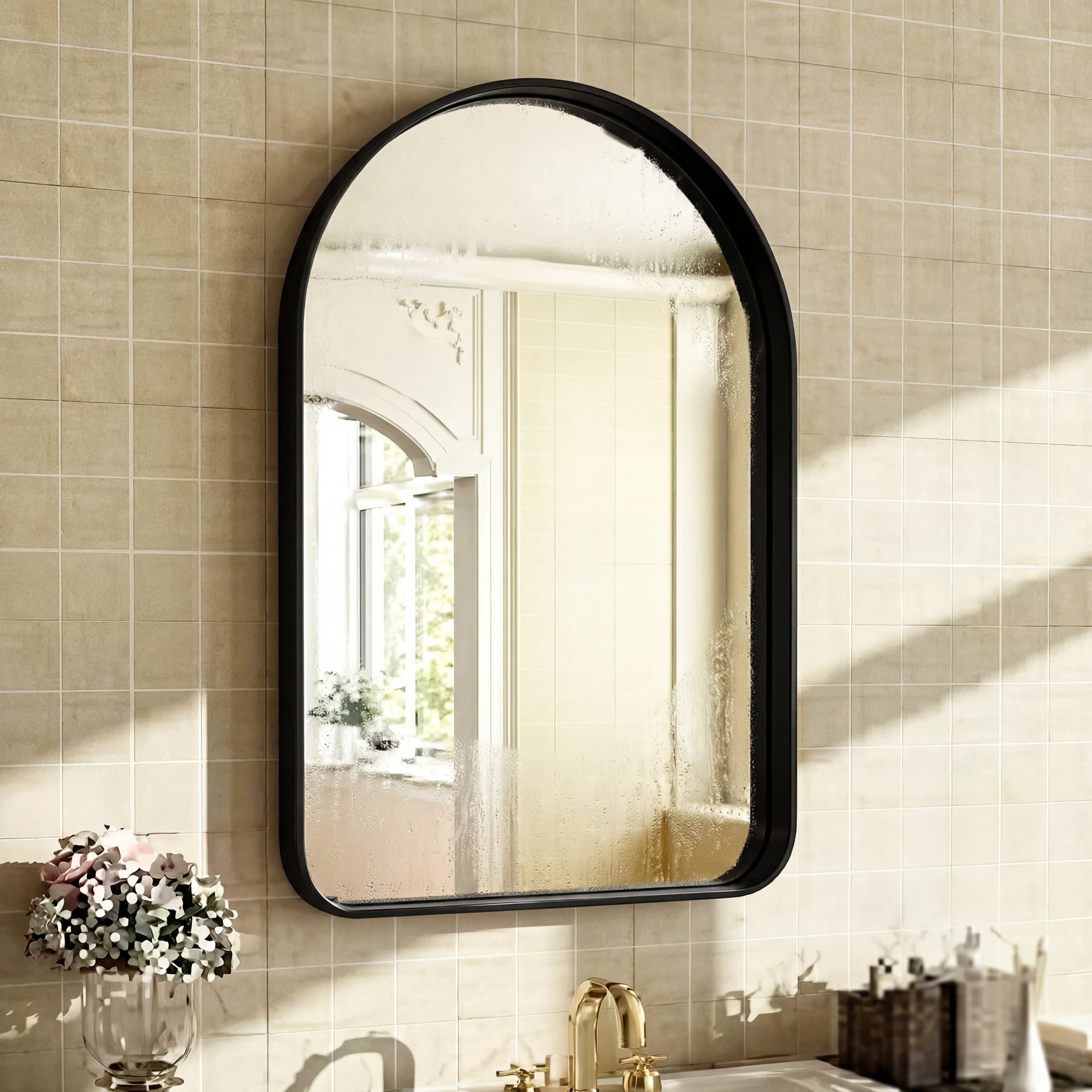 EDX Bathroom Mirror 30"x 20" Wall Mirror with Arched Metal Frame, Black ...