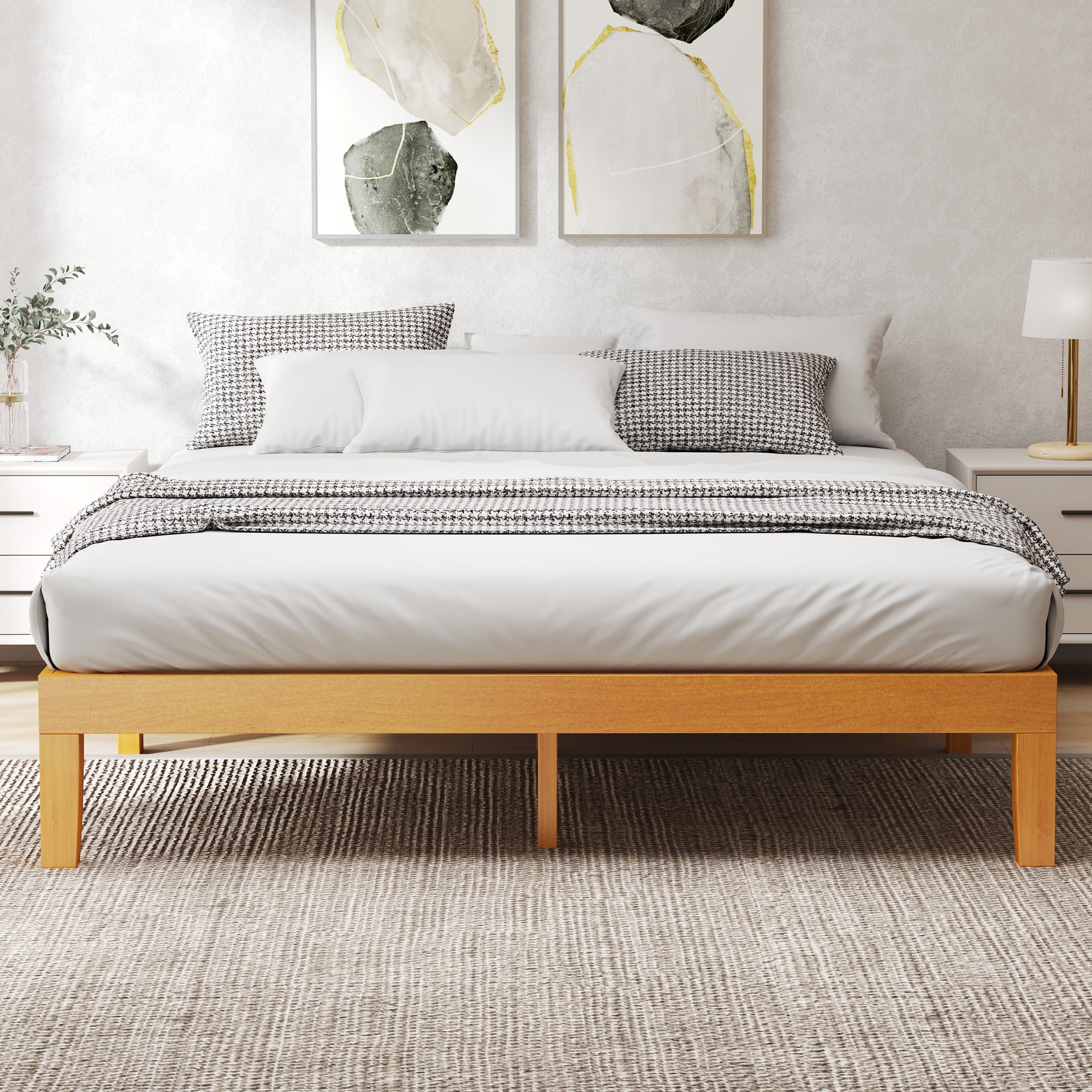 EDX Queen Size Wood Bed Frame, No Spring Needed, 12in Wooden Platform ...