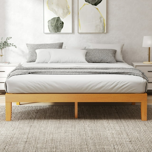 EDX Queen Size Wood Bed Frame, No Spring Needed, 12in Wooden Platform ...
