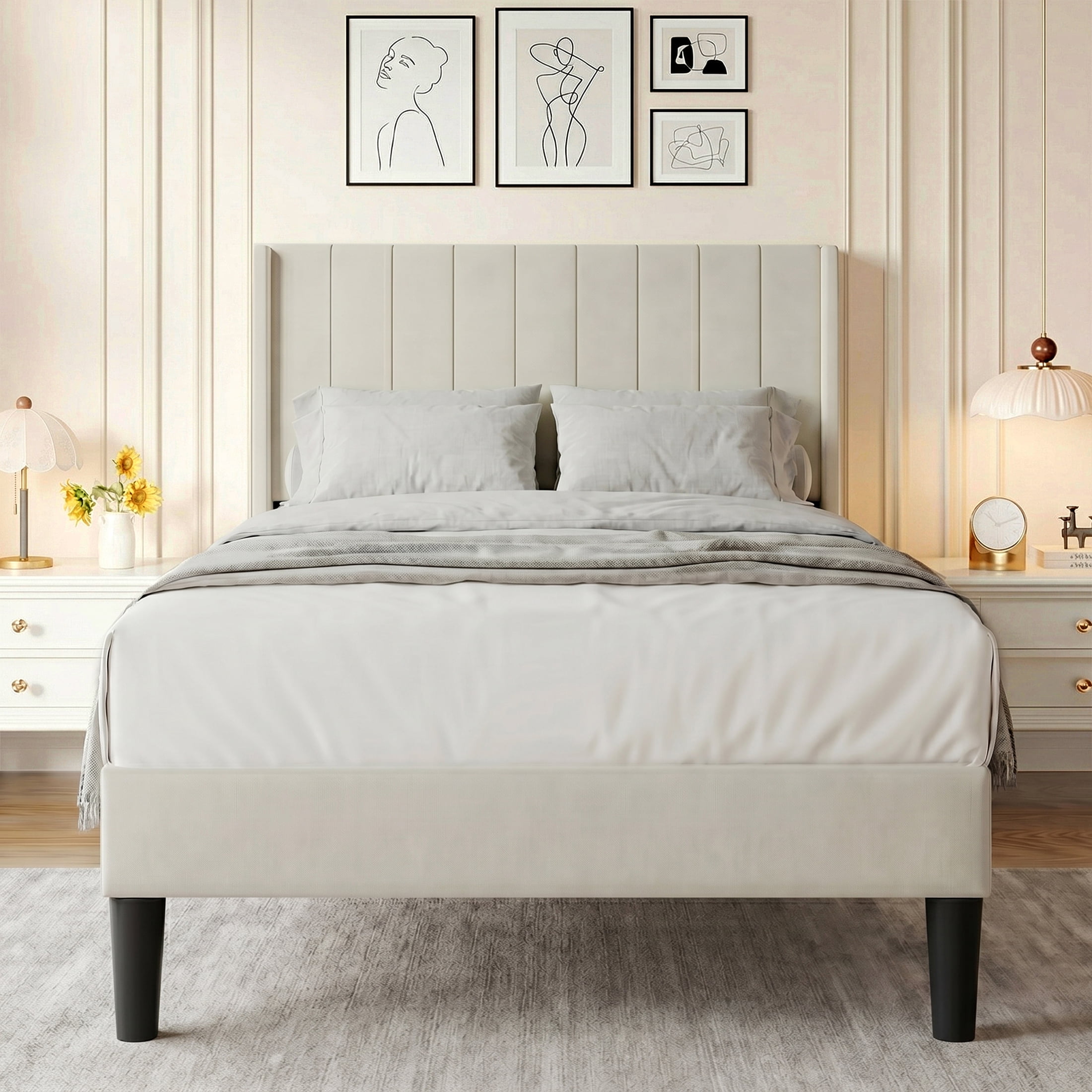 EDX Twin Size Upholstered Platform Bed Frame with Padded Wingback ...