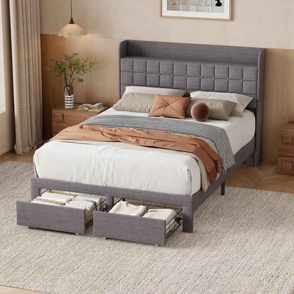 EDX Full Upholstered Platform Bed Frame with Storage Drawers and Fabric ...