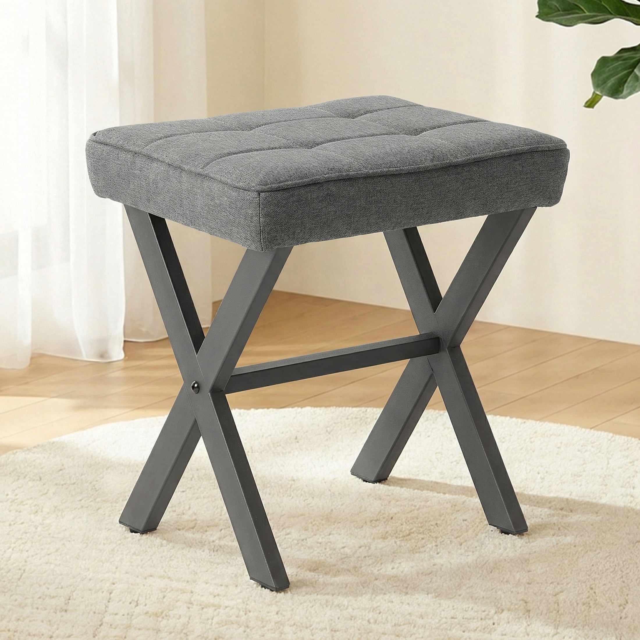 EDX Vanity Stool, Square Linen Makeup Stool with Metal X Legs, Small ...