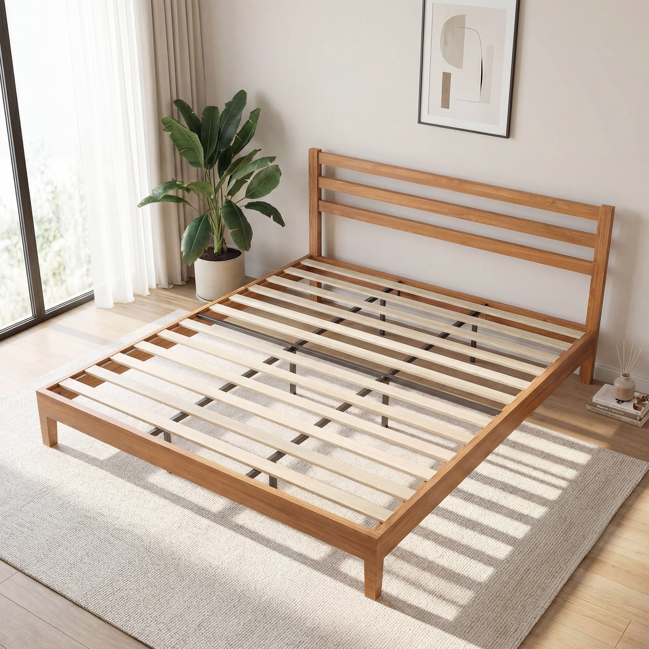 EDX Wood King Size Bed Frame with Headboard - Walnut Finish, Solid Wood ...