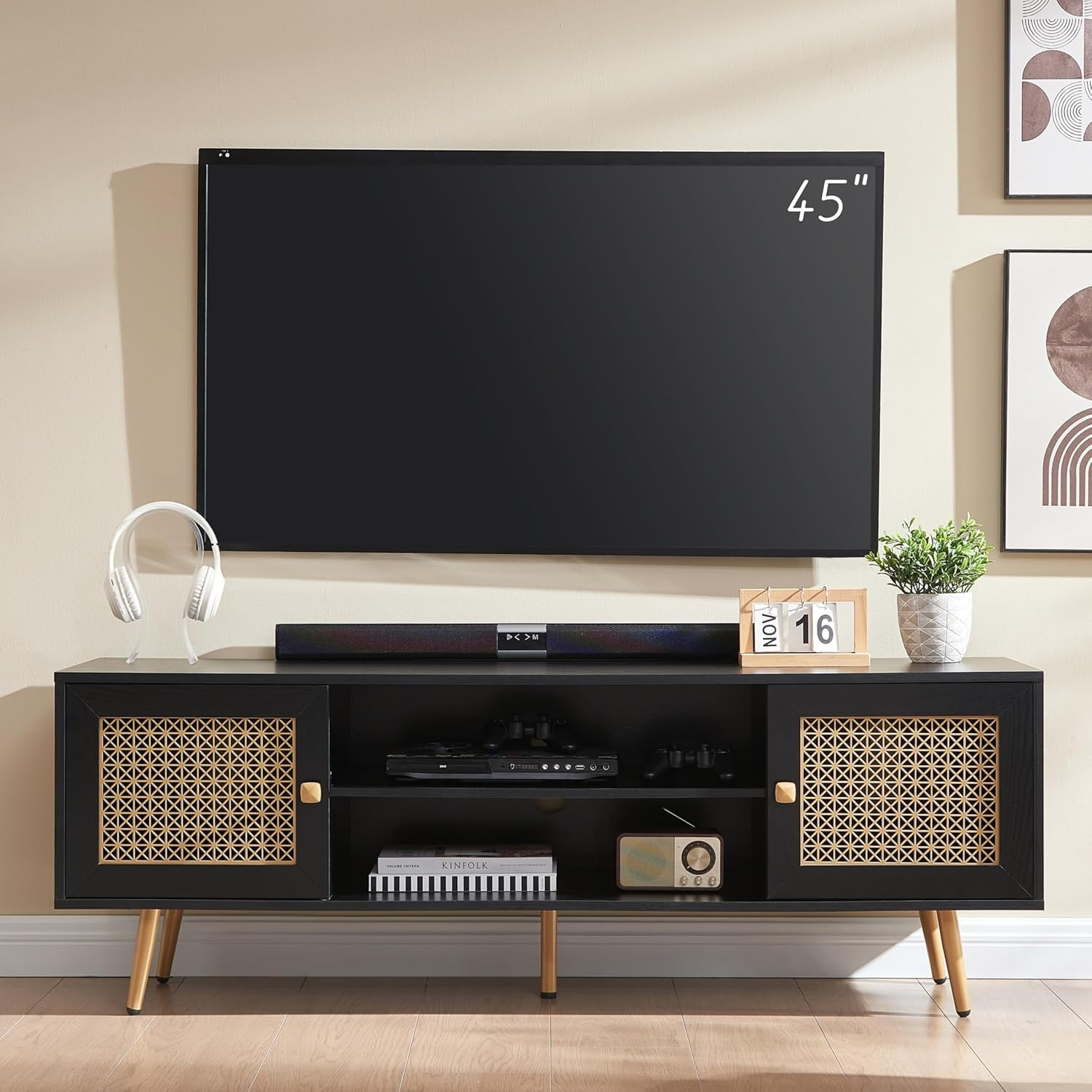 EDYO LIVING 65" Mid Century Modern Black TV Stand with Metal Decoration ...