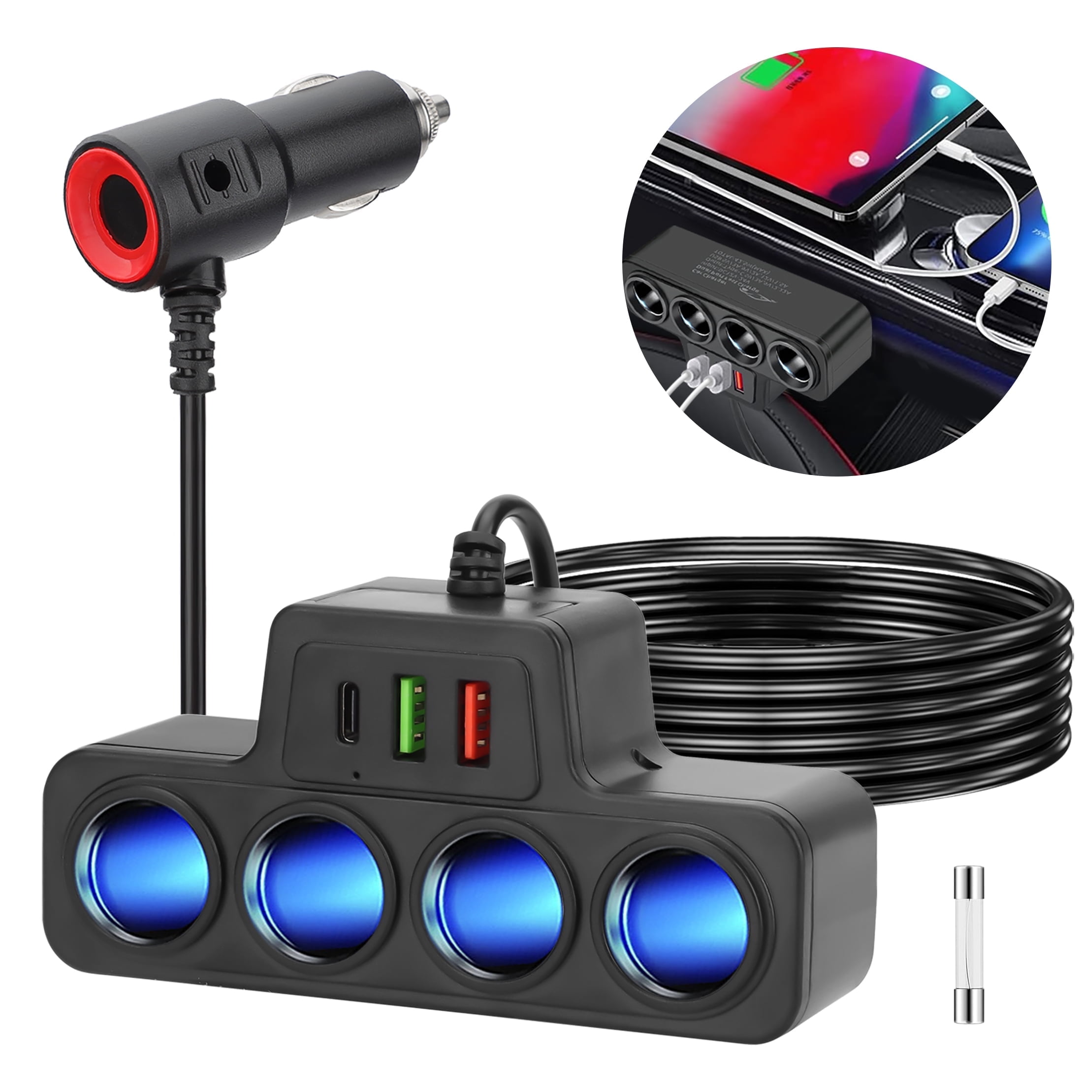 EEEkit 120W Car Cigarette Lighter Splitter with 4 Sockets, QC18W, PD20W ...
