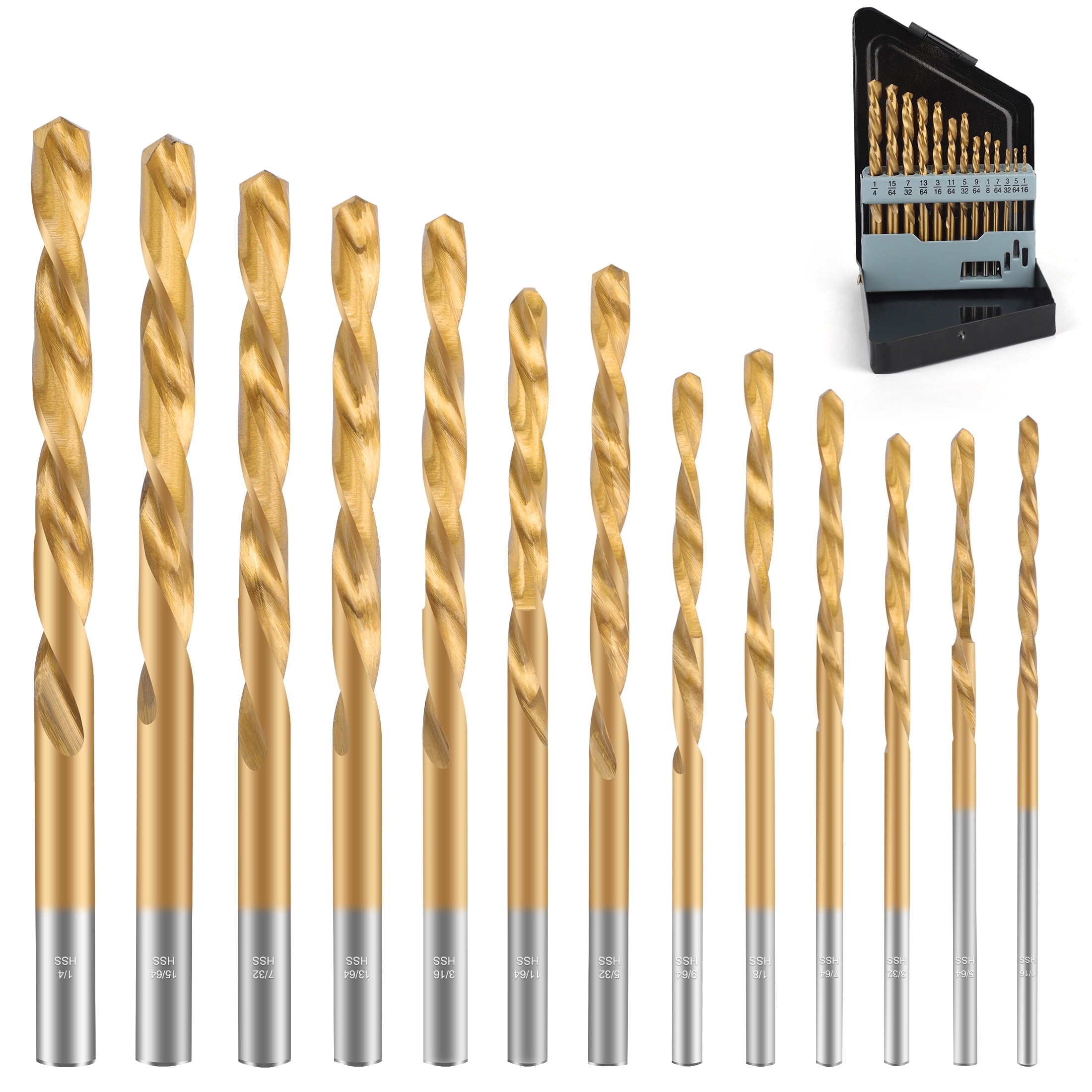 EEEkit 13pcs HSS Twist Drill Bit Set, Titanium Coated Round Shank Drill ...