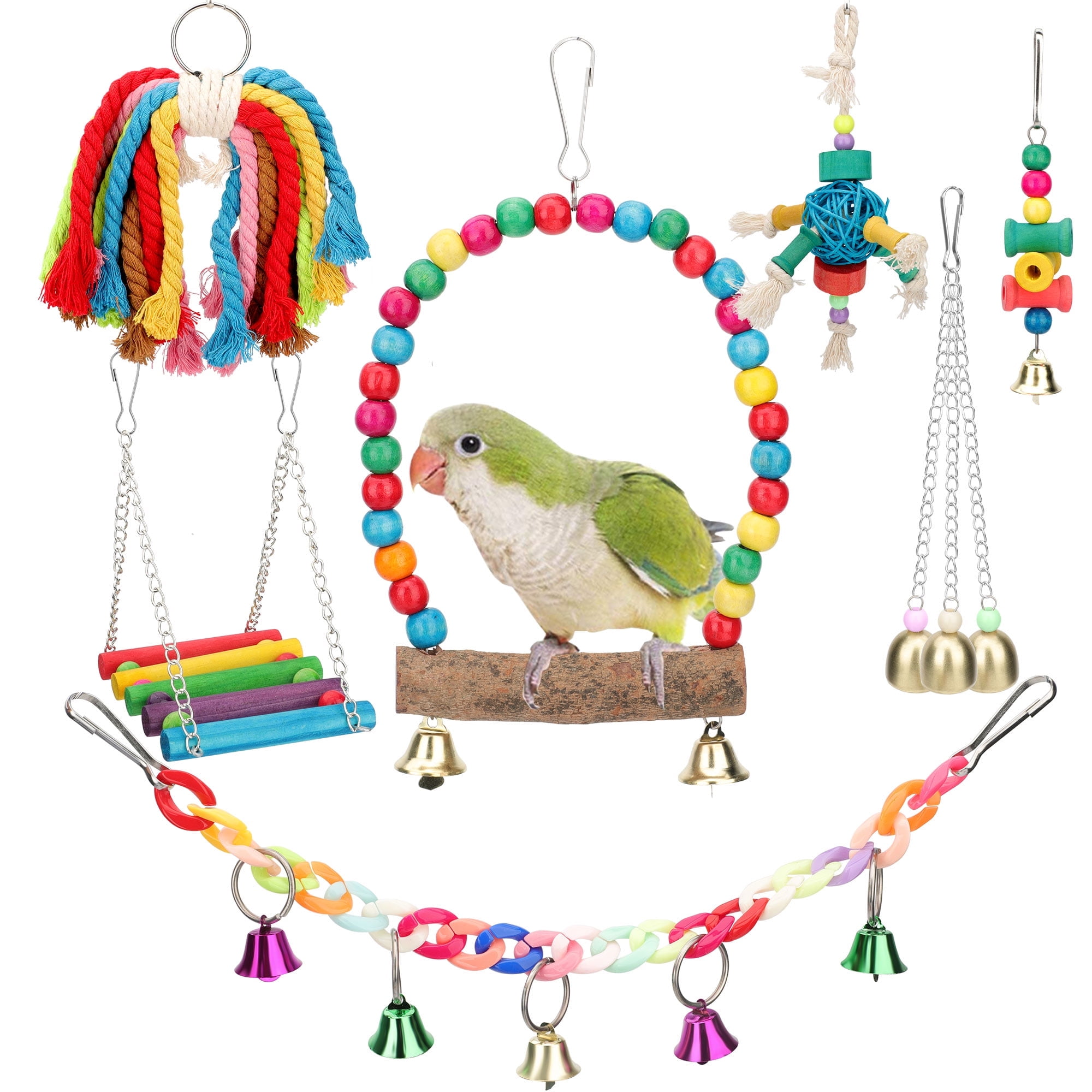 EEEkit 7pcs Bird Toys, Colorful Parakeets Toys for Swing, Hanging ...