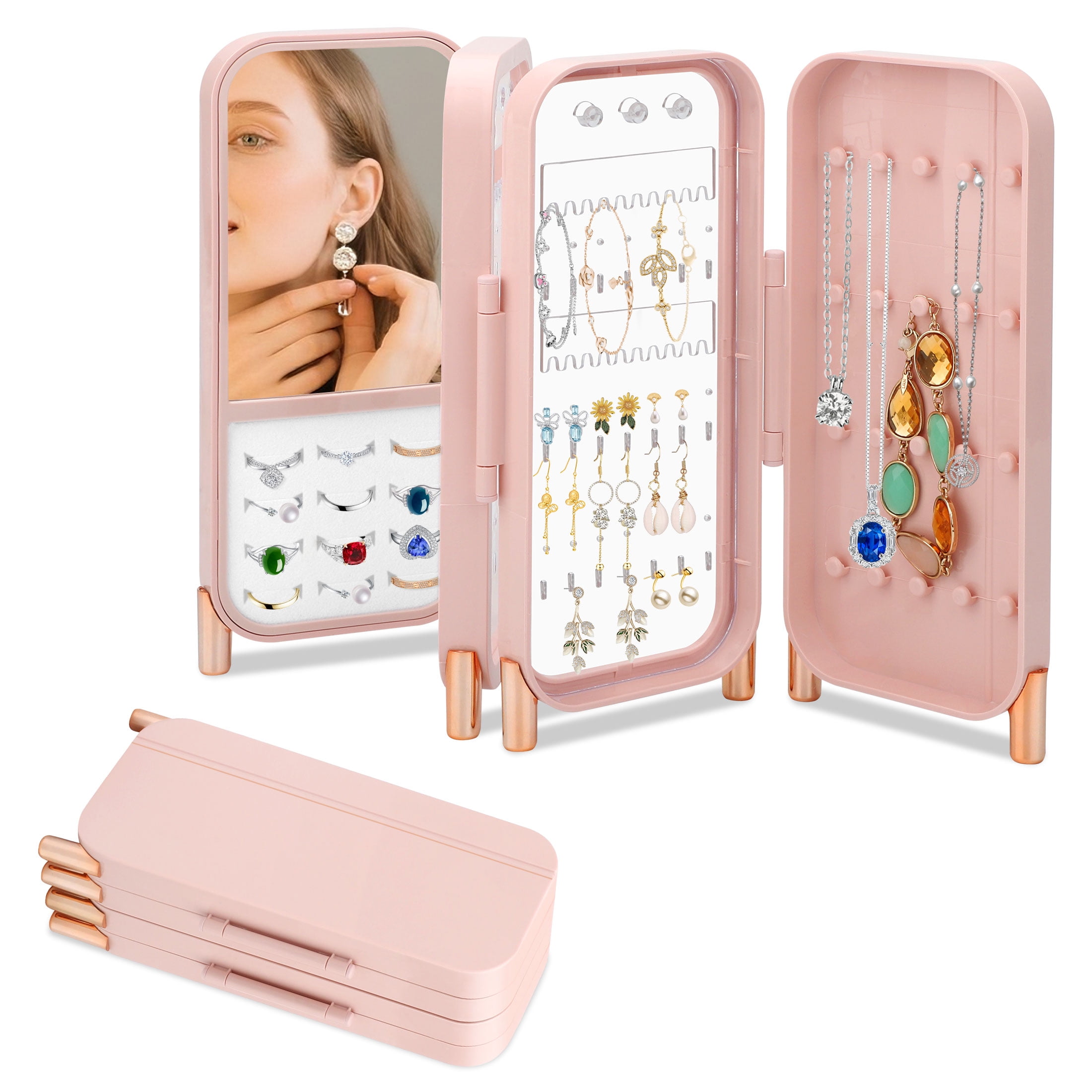 EEEkit Foldable Jewelry Storage Box with Mirror, 4-Sided Clear Earring ...
