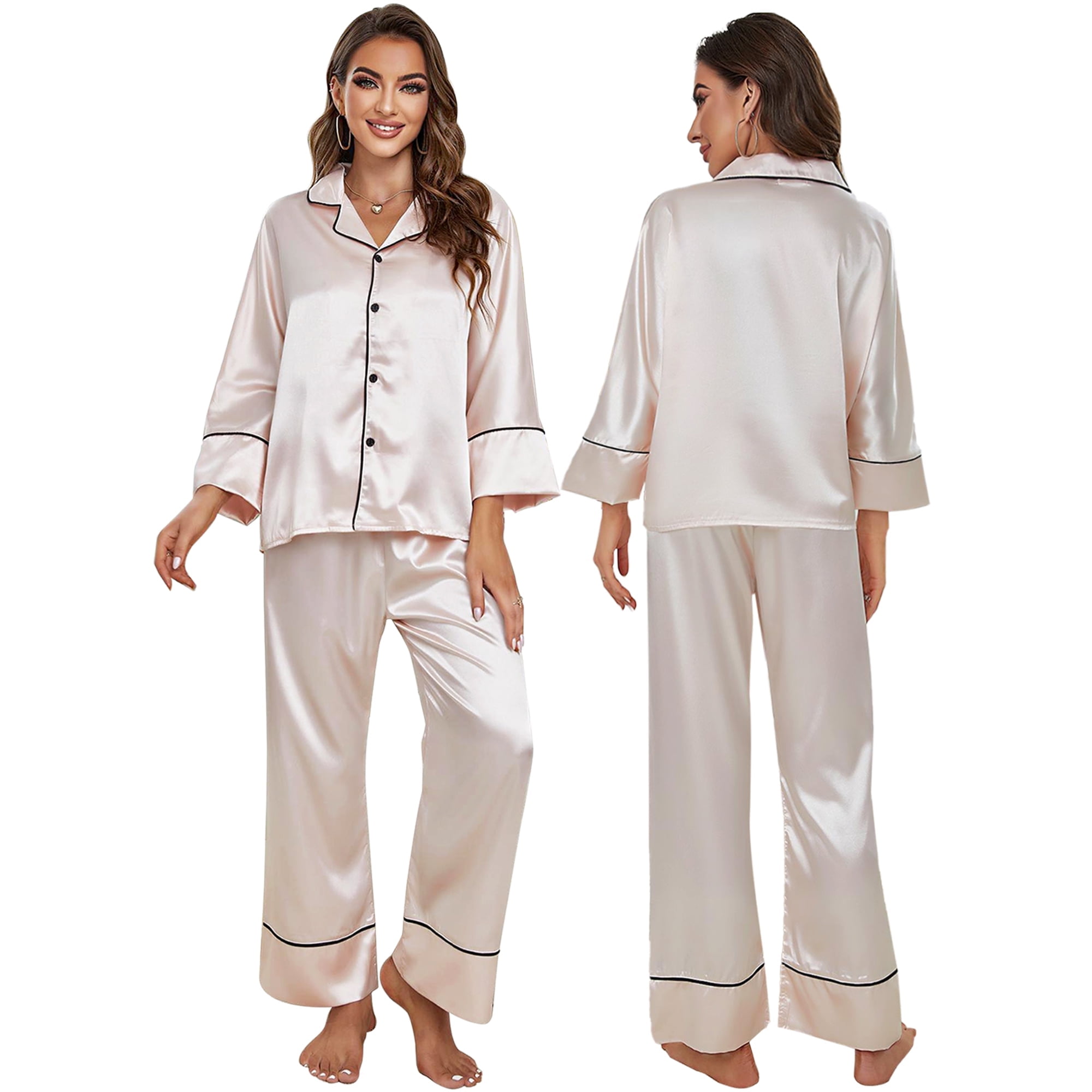 EEEkit Women's Silk Satin Pajamas Set, Two-piece Button Down Long ...