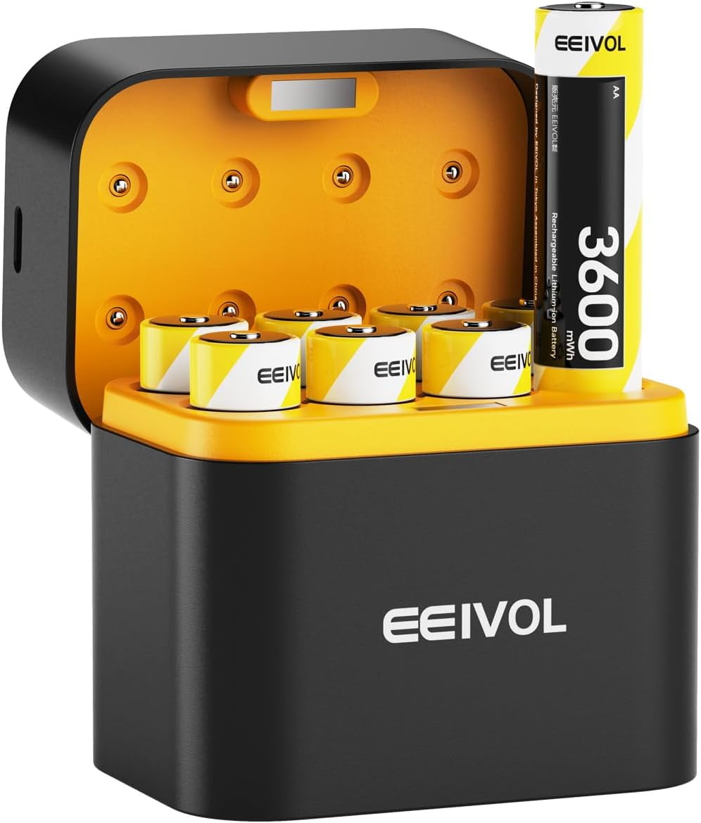 EEIVOL 8 Pack Rechargeable AA Batteries & Fast Charger, 1.5V 3600mWh ...