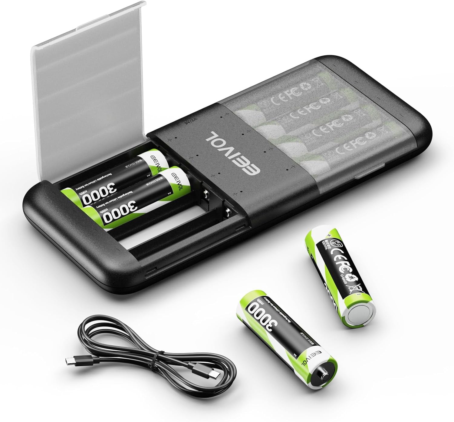 EEIVOL Black Charger with 8-Pack 3000mWh Lithium-ion AA Rechargeable ...