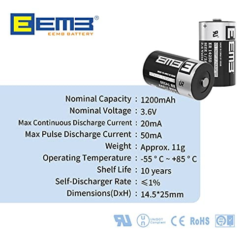 EEMB 20Pack ER14250 1/2AA 3.6V Lithium Battery Li-SOCL₂ Non ...