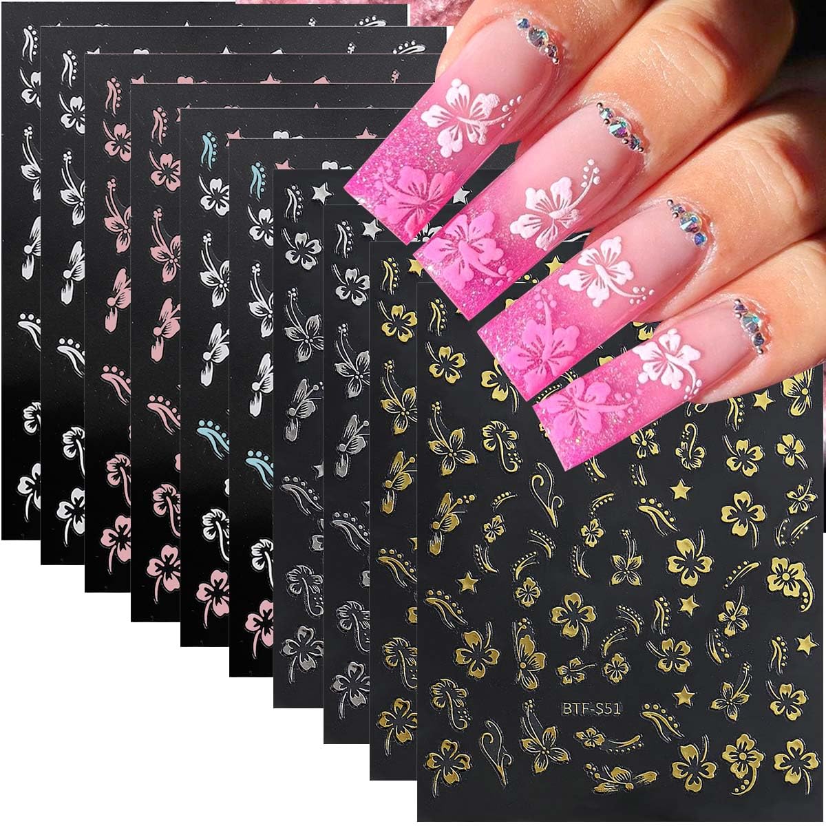 EESK 10 Sheets Heart Nail Stickers for Nail Art Pink Gold Glitter ...