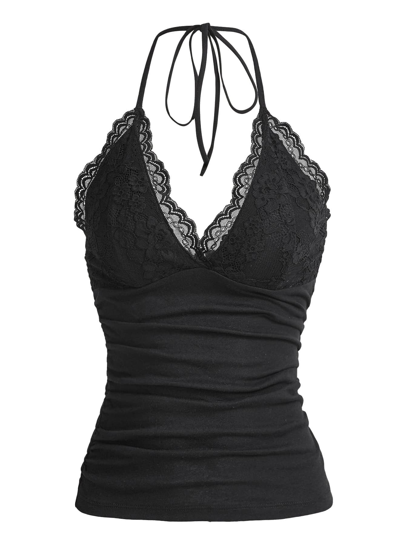 EESK Women's Halter Top Y2K Lace V Neck Ruched Low Cut Halter Tank Tops ...