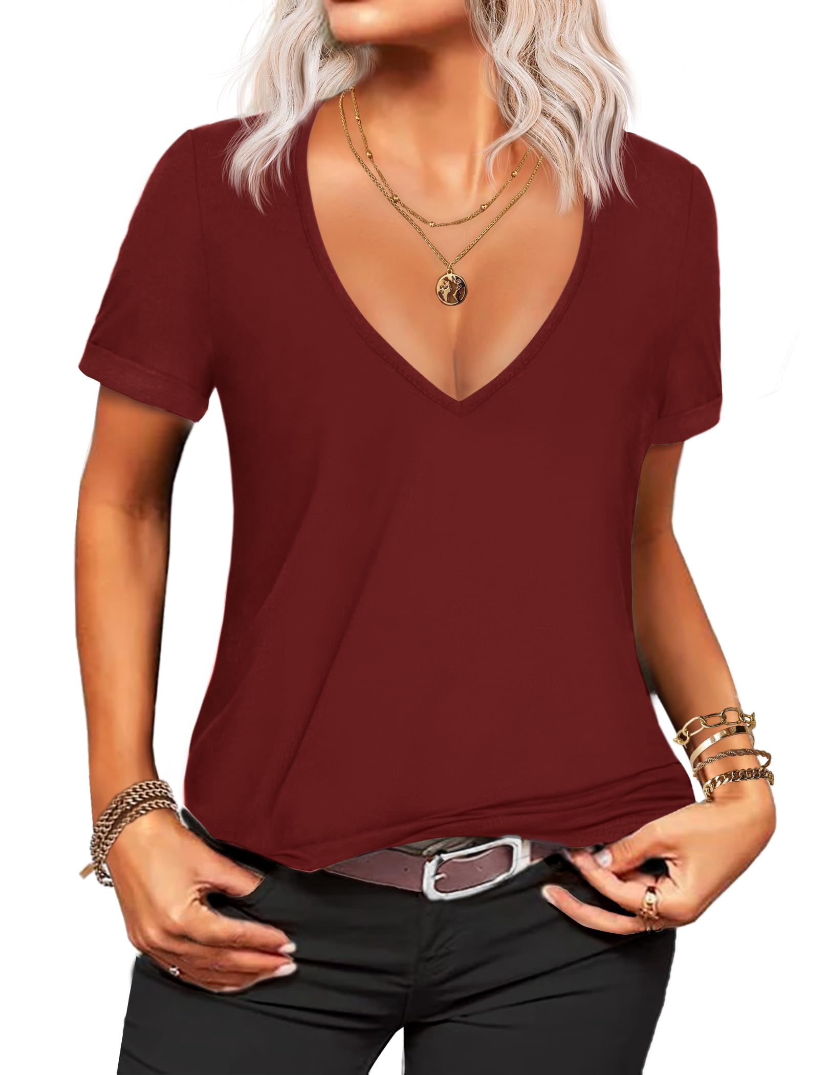 EESK Womens Low Cut Tops Deep V ,Plunging Tee T Shirts, Pack of 2 Black ...