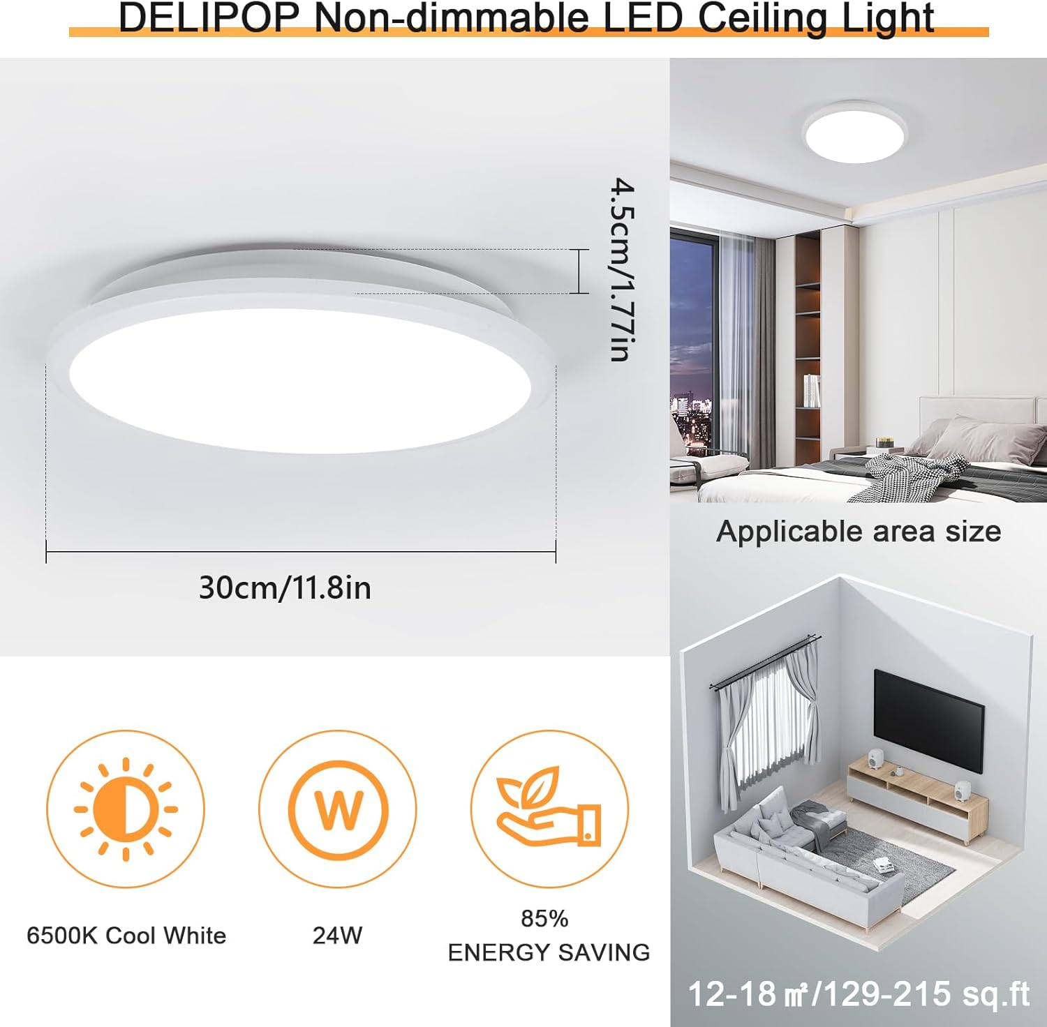 EFEMF-1 Pack 12 Inch LED Flush Mount Ceiling Light, 24W Surface Flat ...
