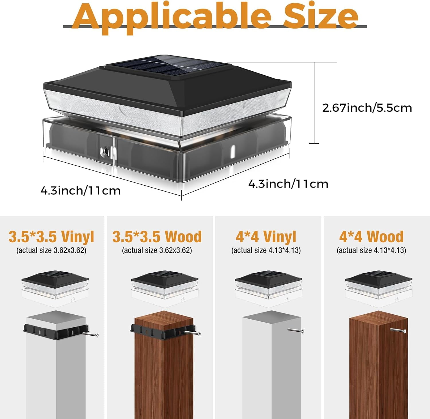 EFEMF-1 Pack Fence Post Solar Lights, Fits 4x4 & 3.5x3.5 Wood Vinyl ...