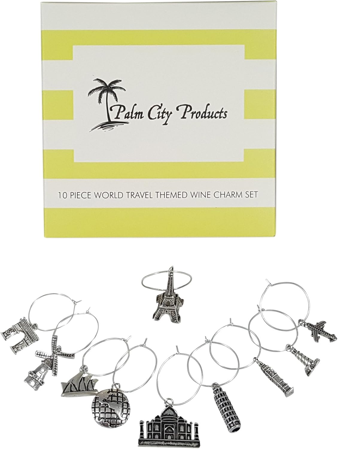 EFEMF-10 Piece World Travel Themed Wine Charm Set - Traveler Stemmed ...