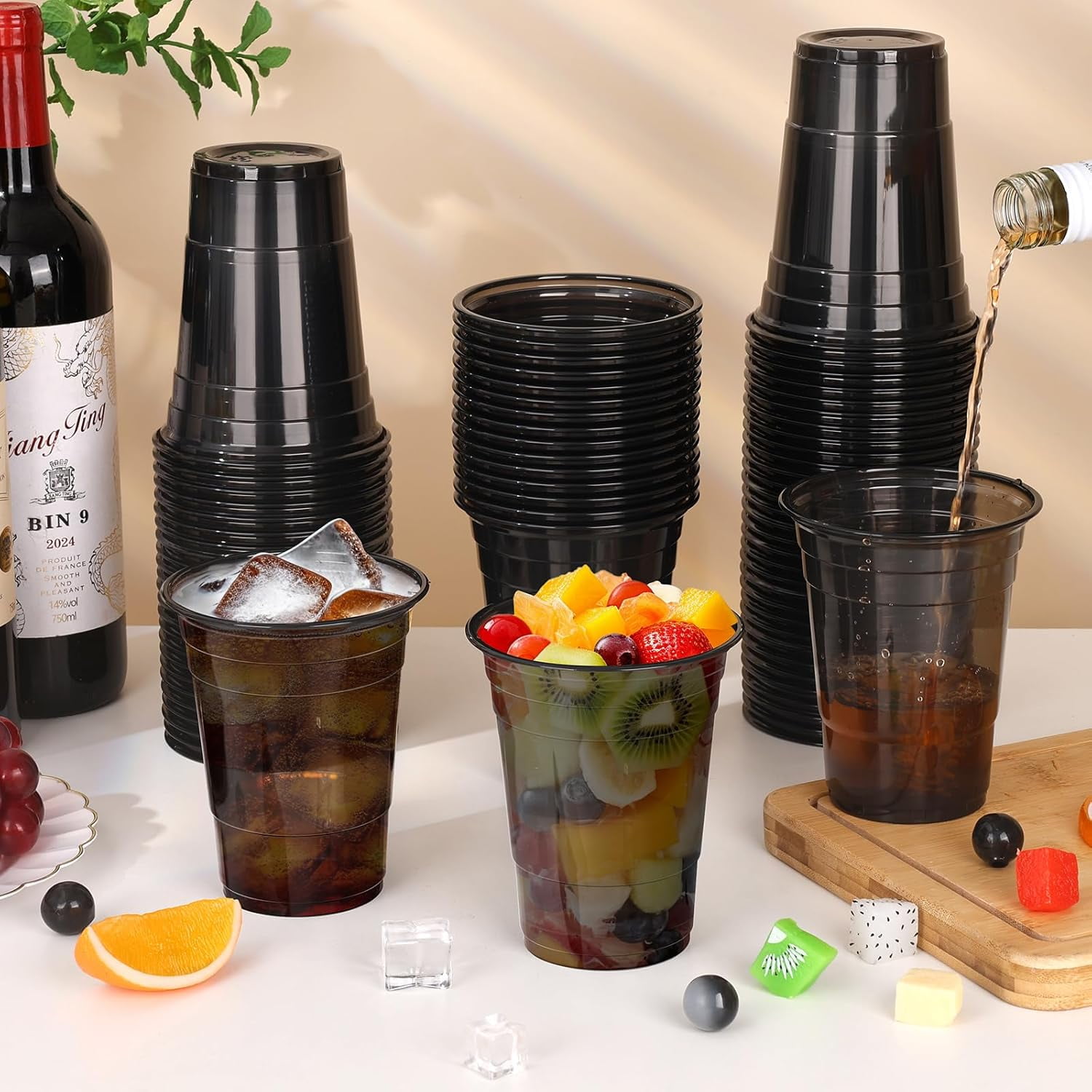 EFEMF-100 PCS Black Clear Plastic Party Cups, 16 oz Disposable Cocktail ...