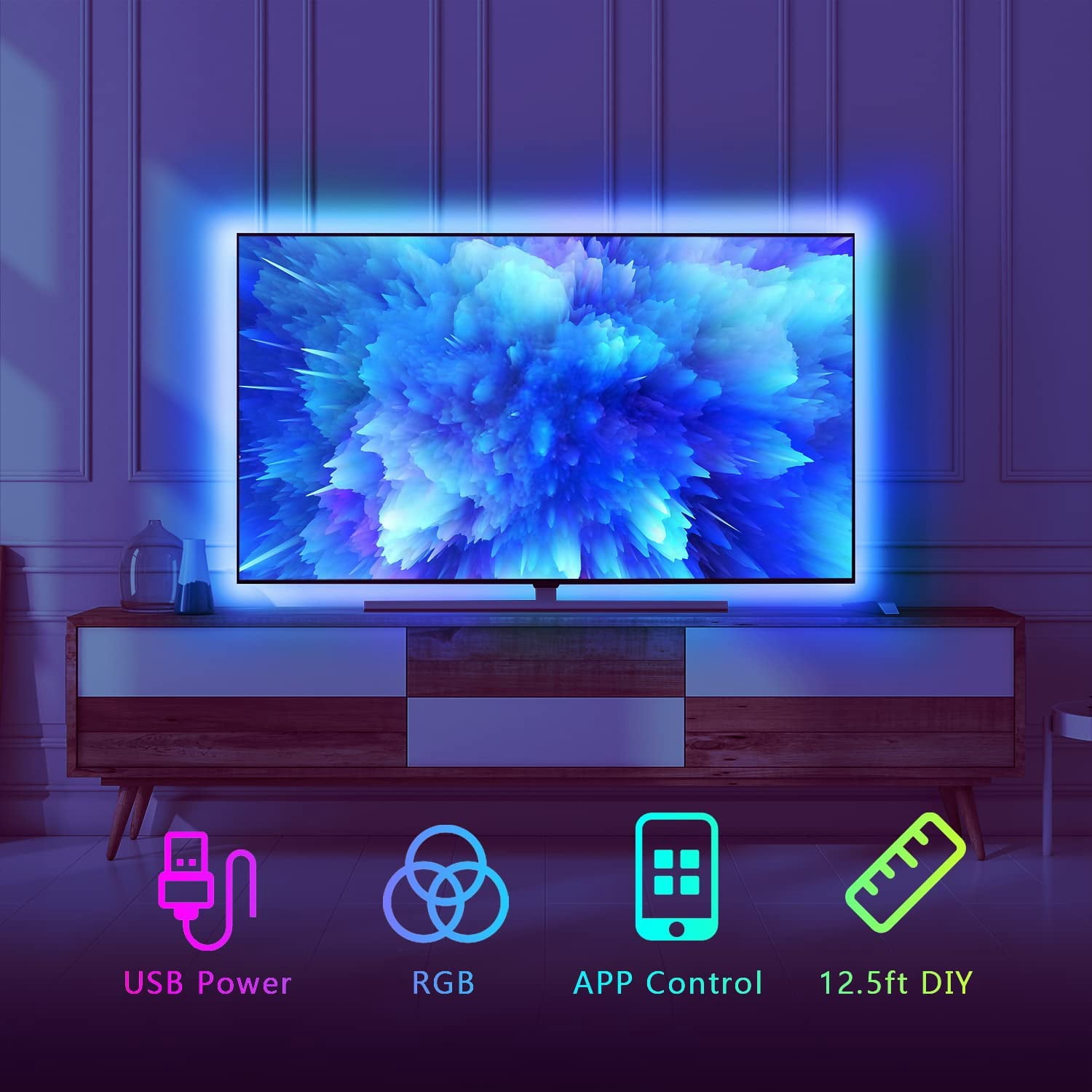 EFEMF-12.5ft Led Lights for TV, 40-55 Inch USB RGB LED Strip Lights, TV ...