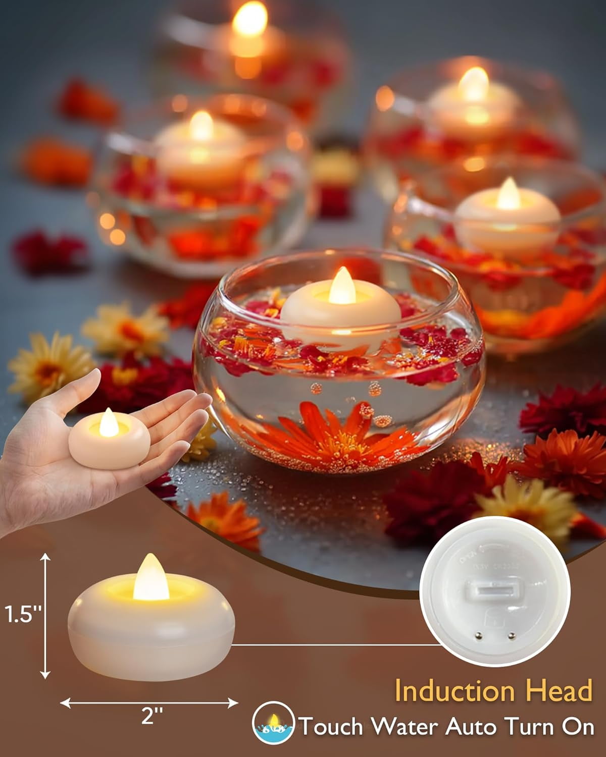 EFEMF-12 Pack 200 Hour Flameless Floating Candles, 2 Inches White ...