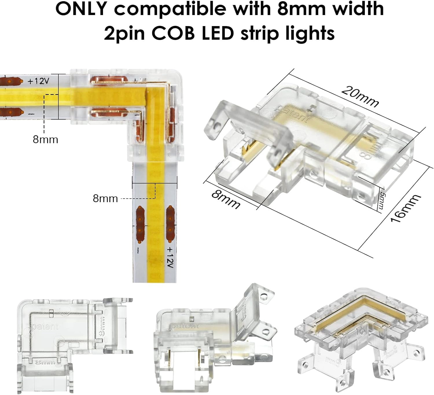 EFEMF-12Pcs 2Pin L-Shaped COB LED Connectors 8mm Strip to Strip ...