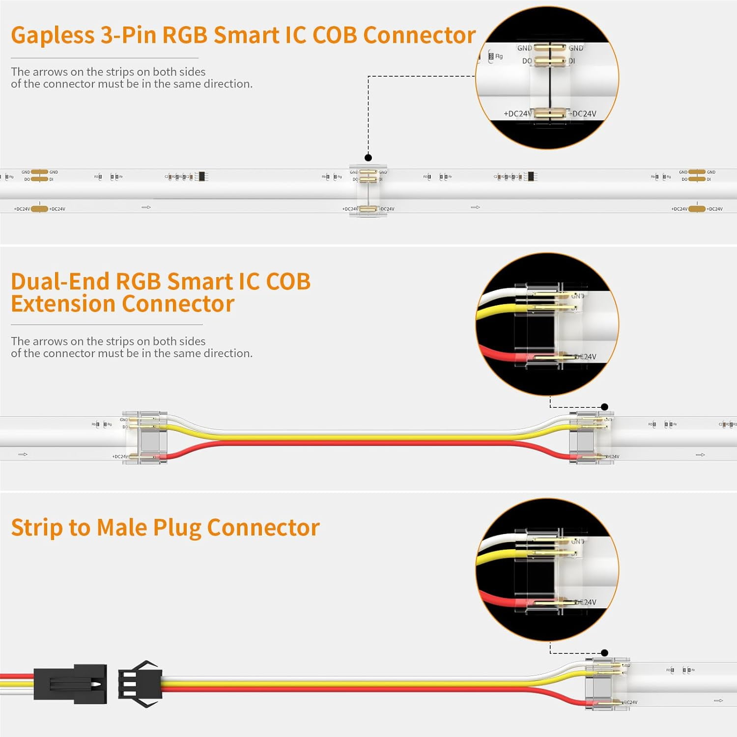 EFEMF-12mm 3-Pin Connectors for RGB Smart IC COB LED Strip Lights ...