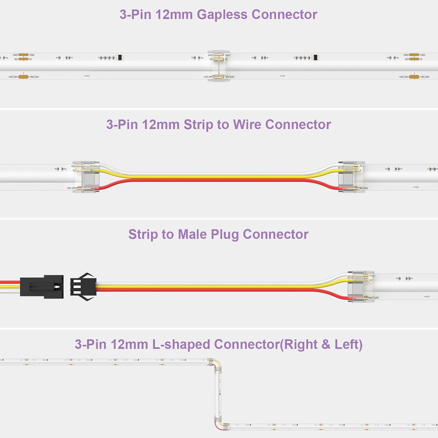 EFEMF-12mm Connectors Kit for 3-Pin RGB Smart IC COB LED Strip Lights,L ...