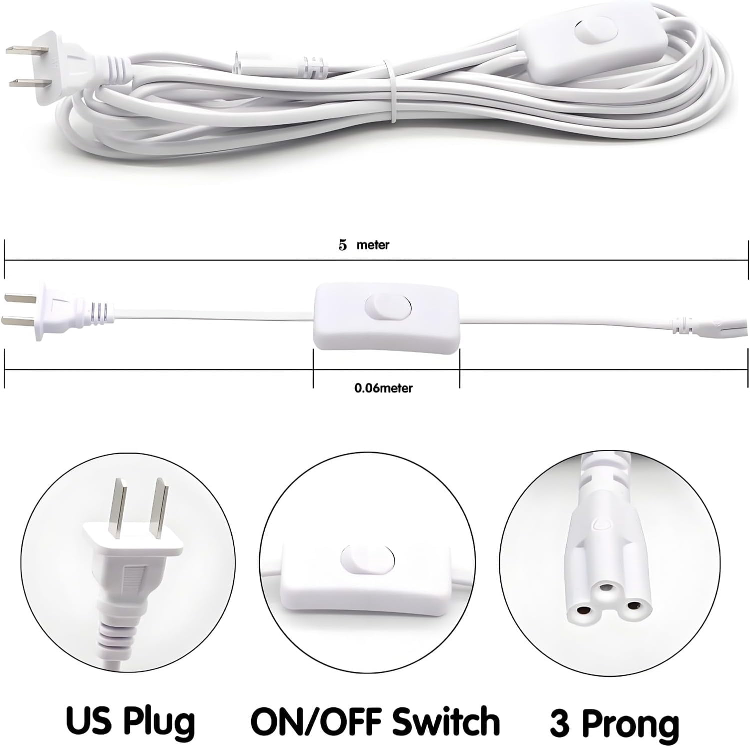 EFEMF-16FT 5 Meter T5 T8 LED Tube Light Power Extension Cord with On ...