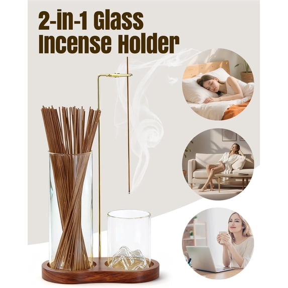 EFEMF-2-in-1 Walnut Wood Glass Incense Holder for Sticks, Anti-Ash ...