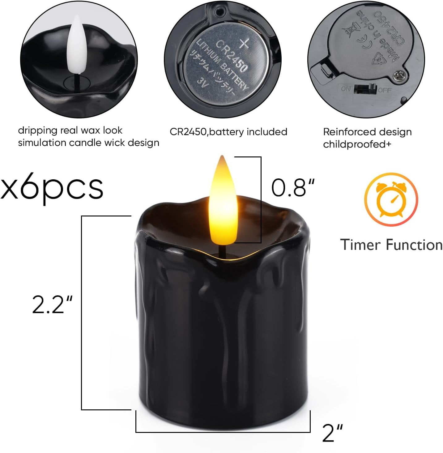 EFEMF-2" x 2" Black Melted Realistic Battery Operated Fake Candles with ...