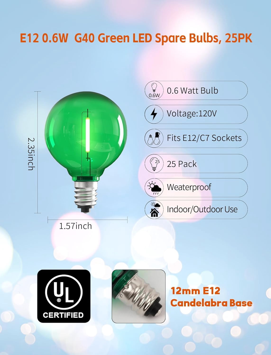 EFEMF-25 Pack Green G40 LED Bulbs, Commercial Grade E12 Base ...