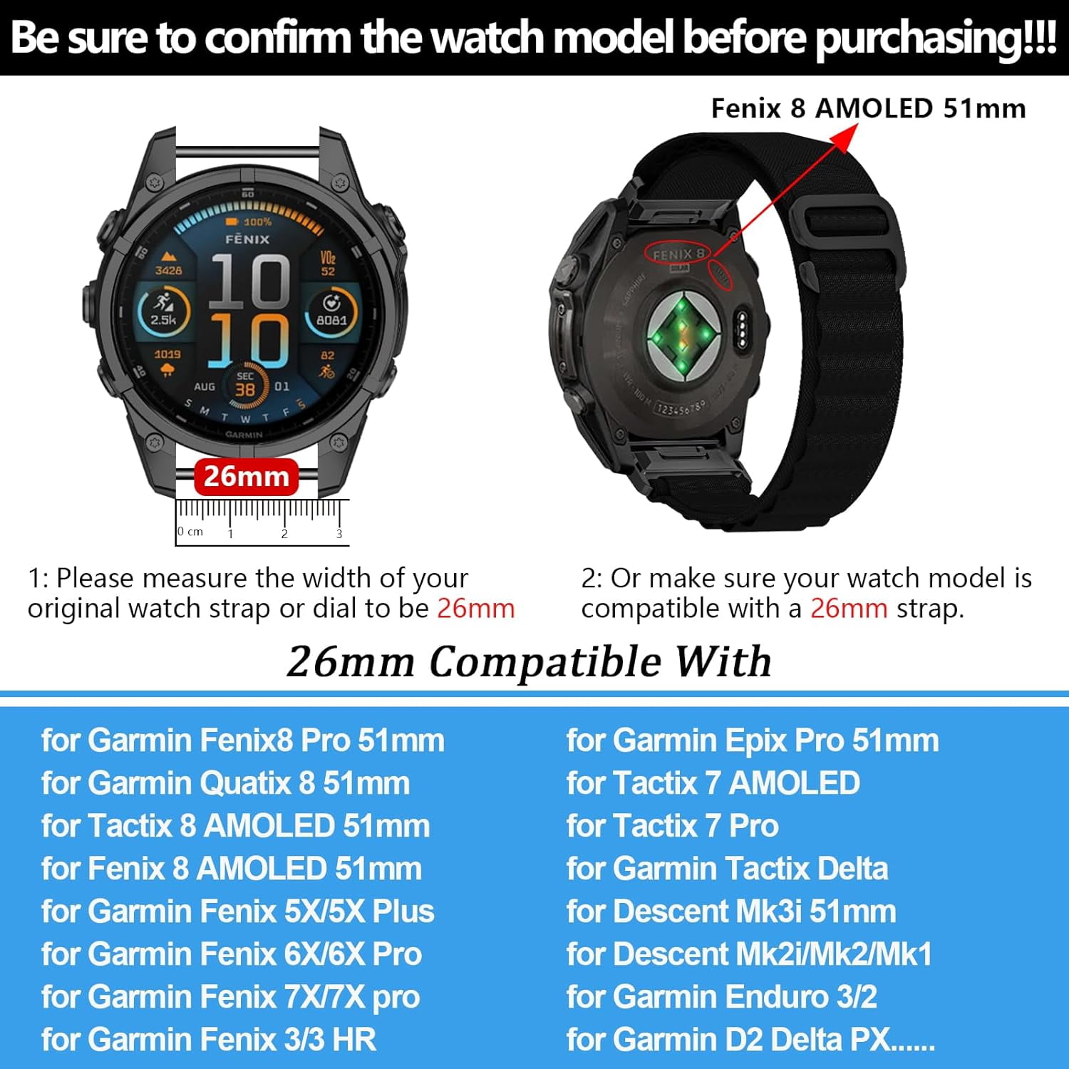 EFEMF-26mm Sport Nylon Watchbands Compatible with Garmin Tactix 8/Fenix ...