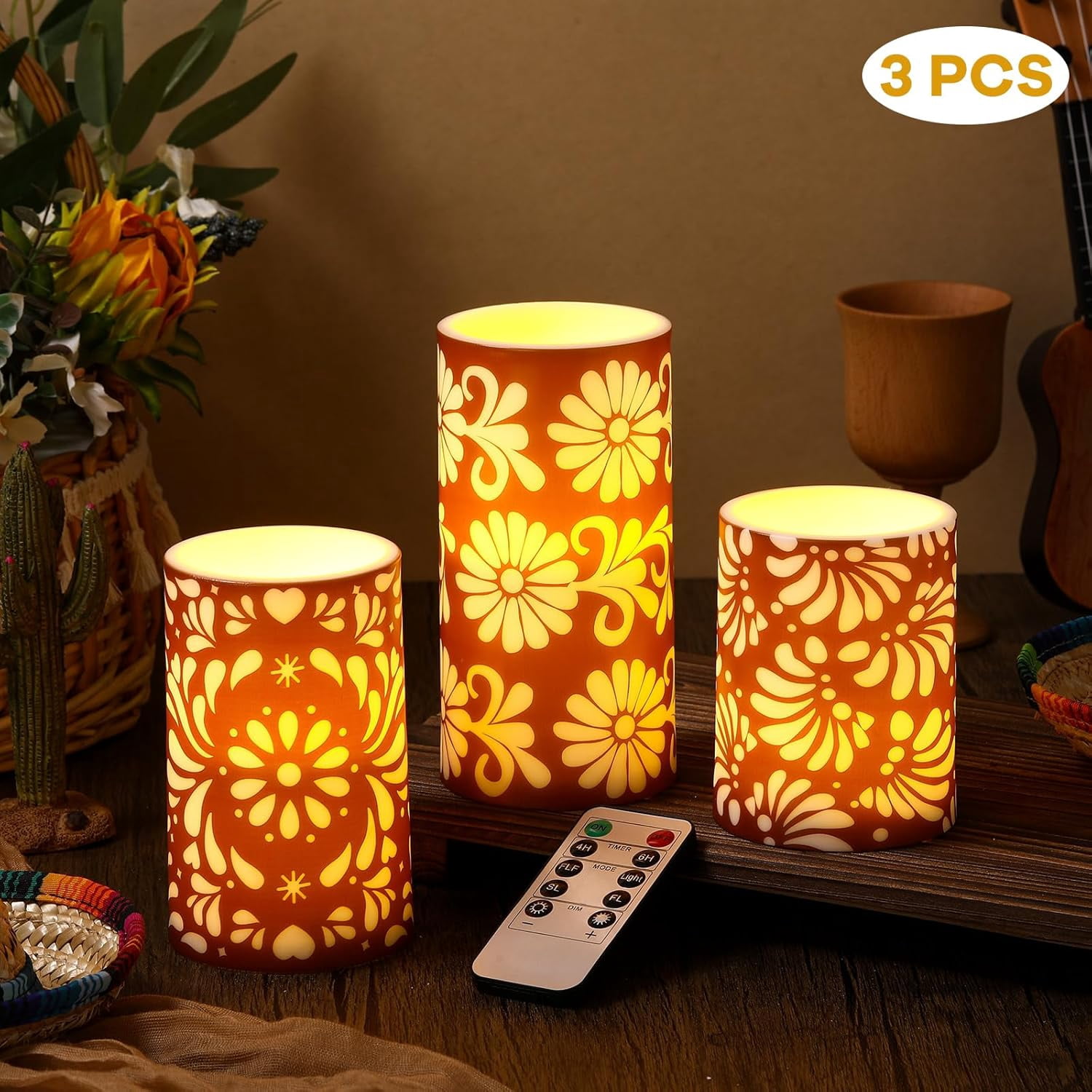 EFEMF-3 Pcs Mexican Barro Flameless Candles with Remote Timer Battery ...