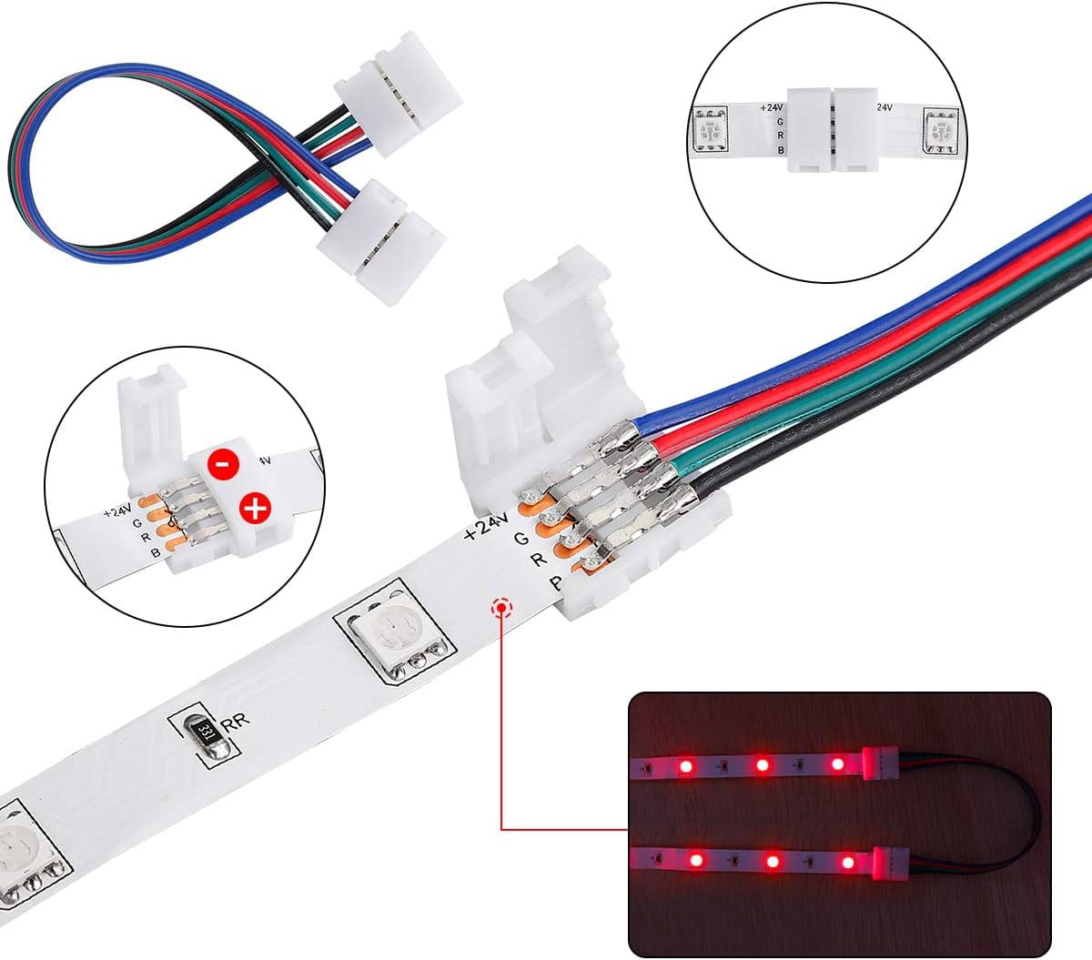 EFEMF-4 Pin 10mm LED Light Strip Connector, 5050 2835 RGB Rope Lights ...