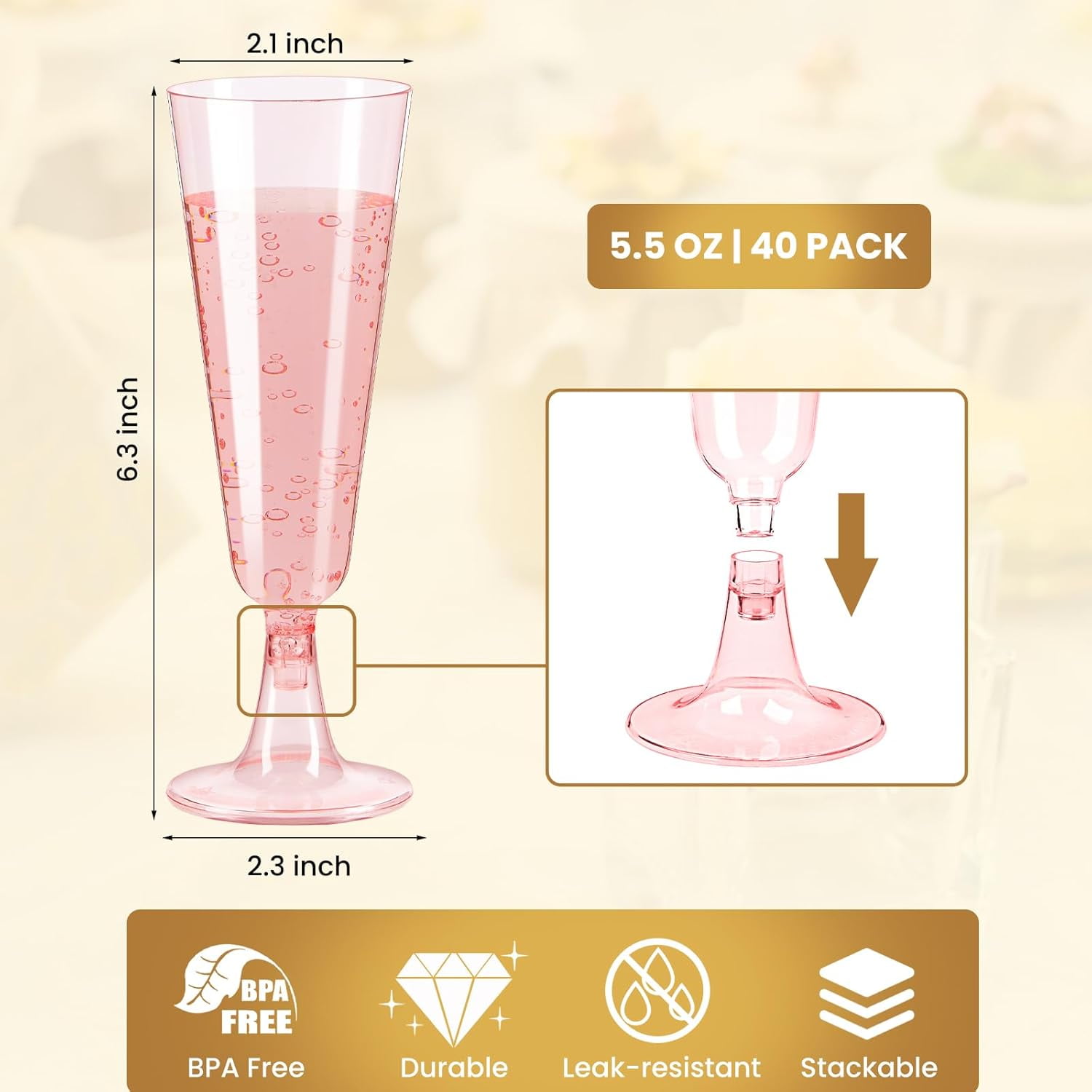 EFEMF-40 Pack Plastic Pink Champagne Flutes, 5.5 OZ Disposable Wine ...