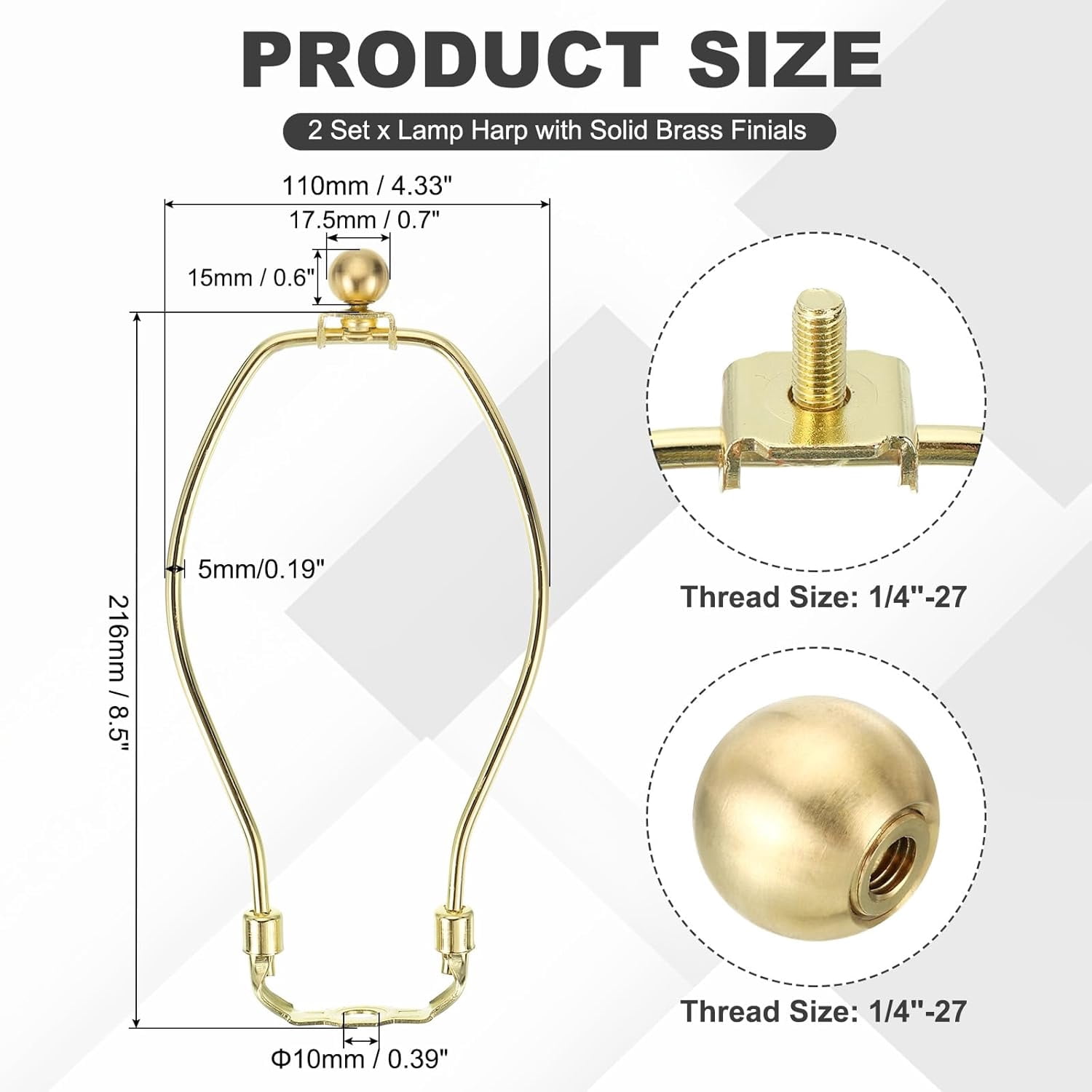 EFEMF-8.5 Inch Lamp Harp Kit with 17.5mm Solid Brass Ball Finial, 2 Set ...