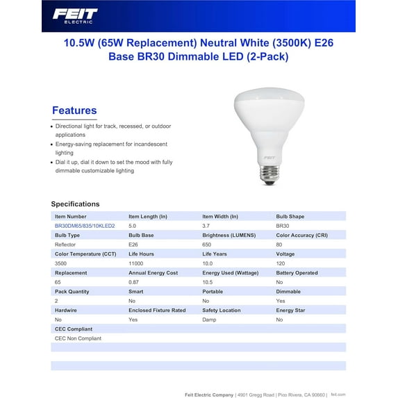 EFEMF-BR30 LED Flood Light Bulb, 65W Equivalent, Dimmable, 650 Lumens ...