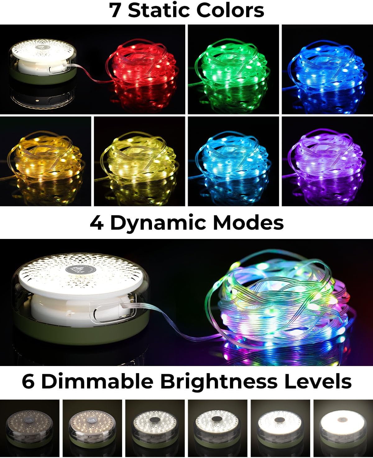 EFEMF-Camping String Lights, 32.8ft Retractable RGB Tent String Lights ...