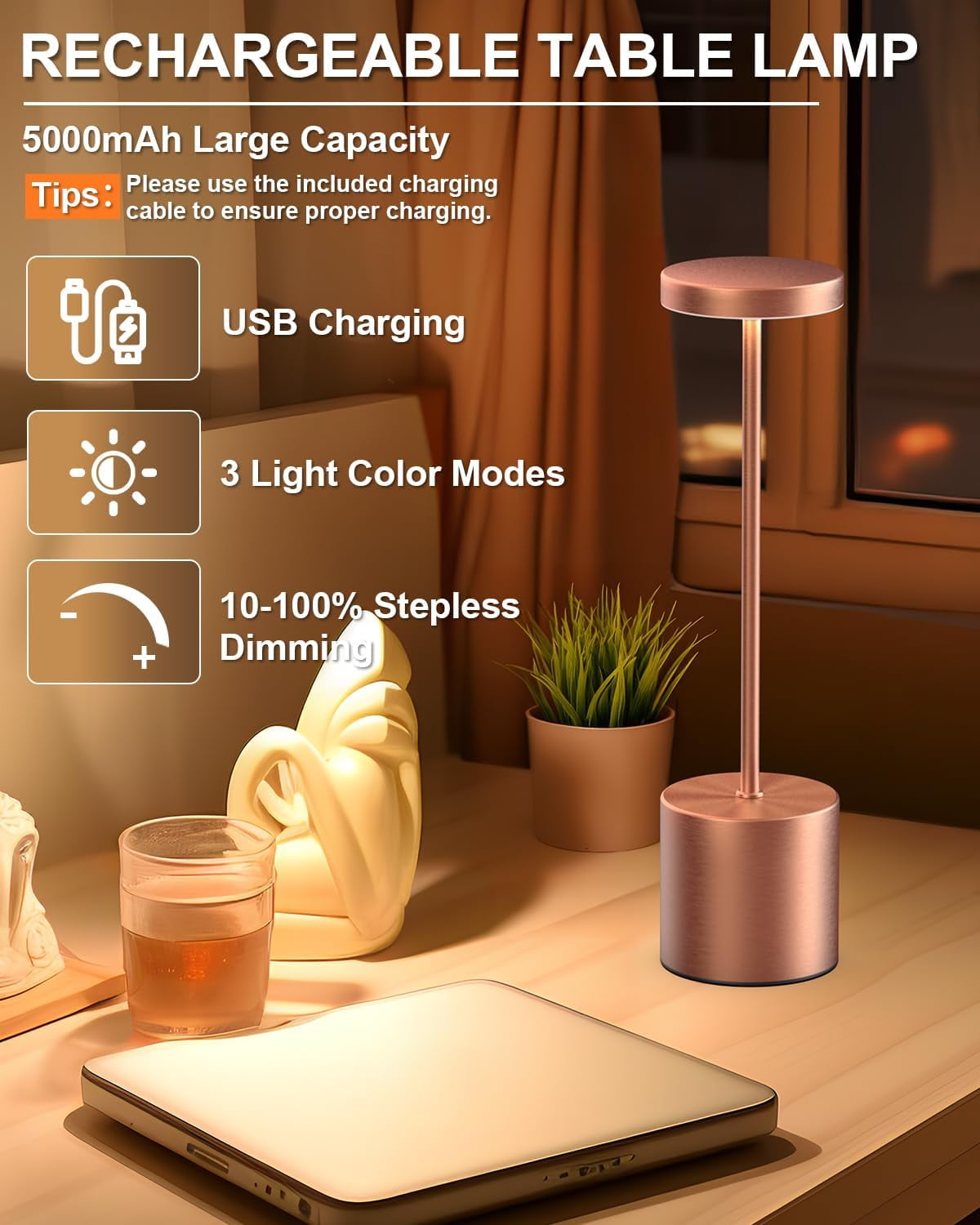 EFEMF-Cordless Table Lamps Rechargeable, Portable LED Desk Lamp ...