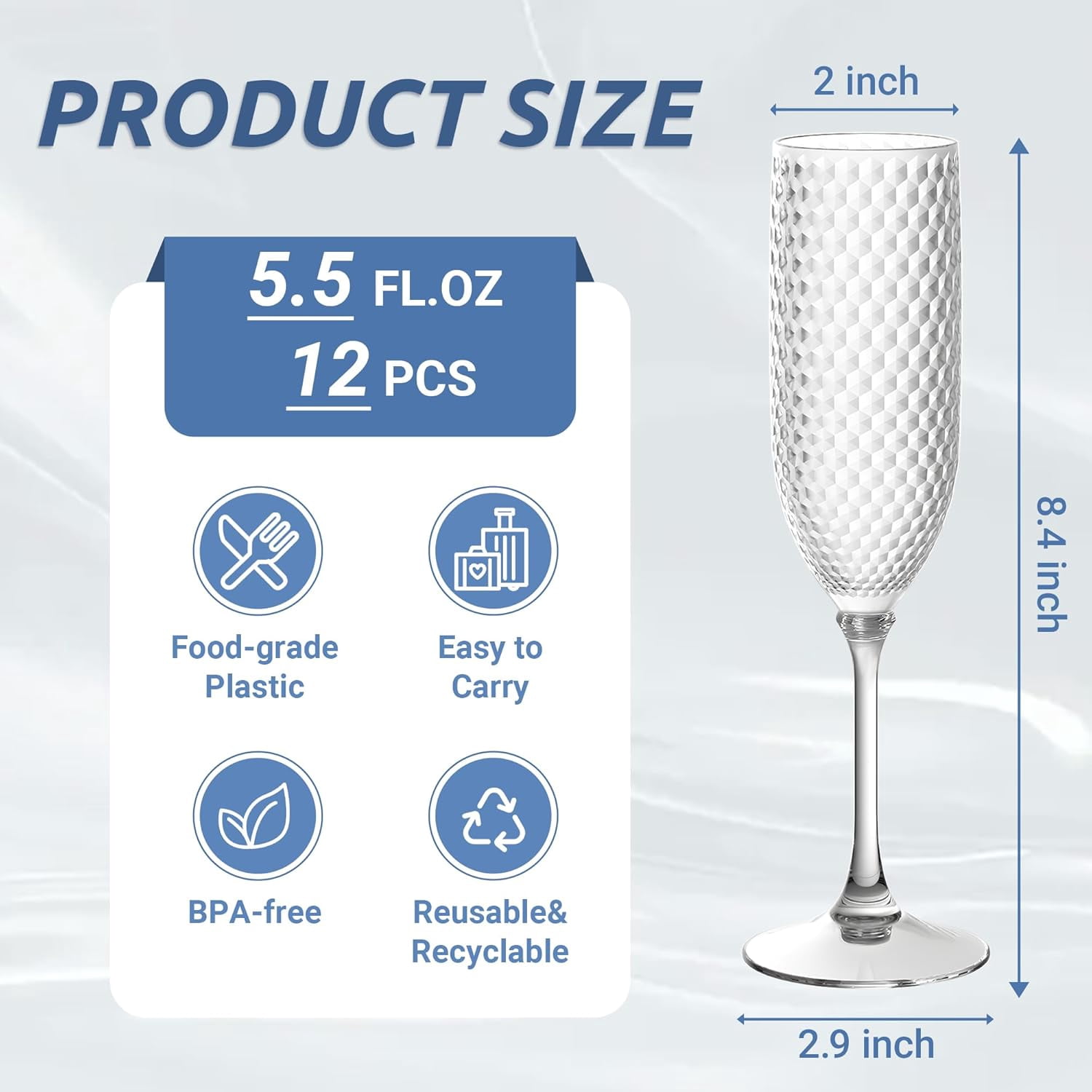 EFEMF-Detachable Plastic Champagne Flutes 12 Pcs, 5.5oz Unbreakable ...