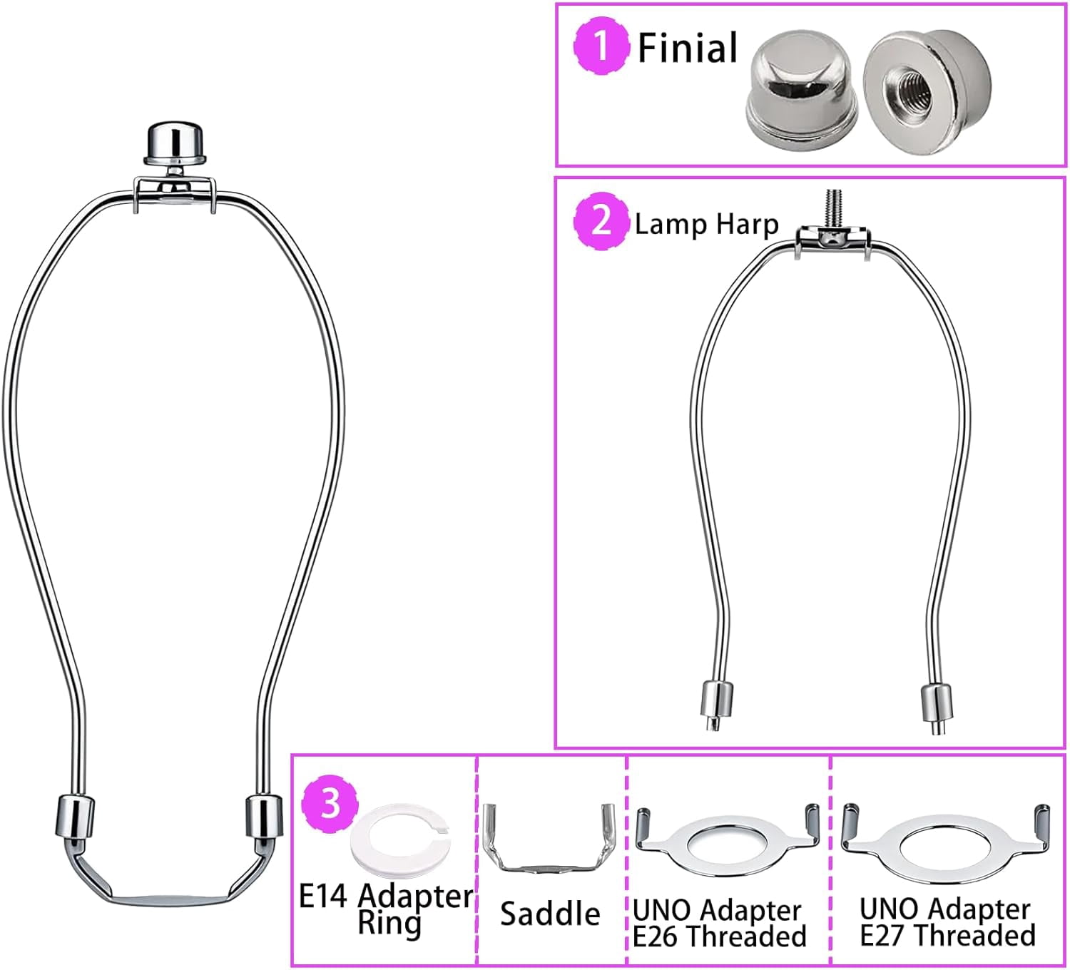 EFEMF-Lamp Harp & Finials 2 Set, Detachable Lamp Shade Harp Holder ...