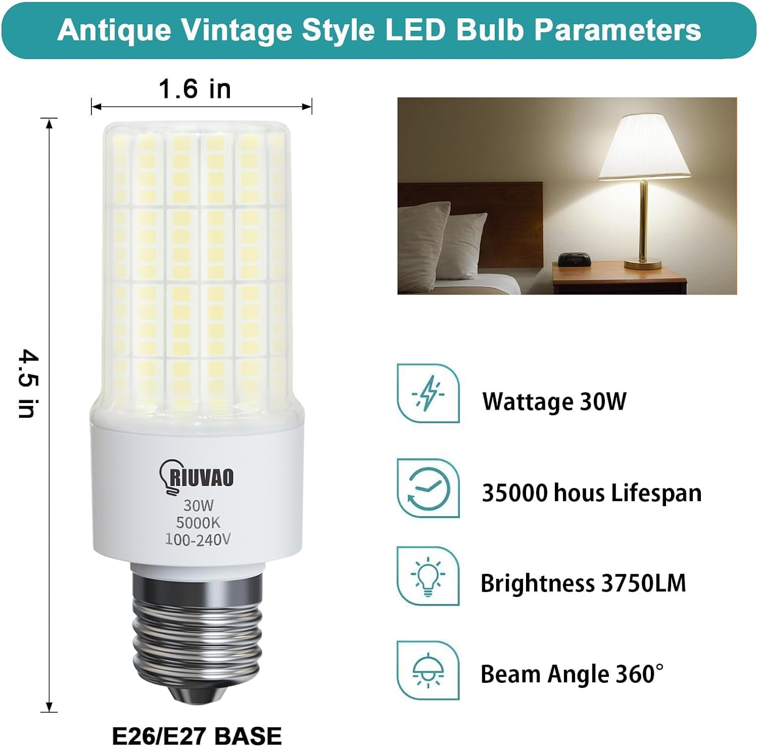 EFEMF-Led Light Bulb, Equivalent 250w Led Bulbs 30w 3750 Lumen Super ...